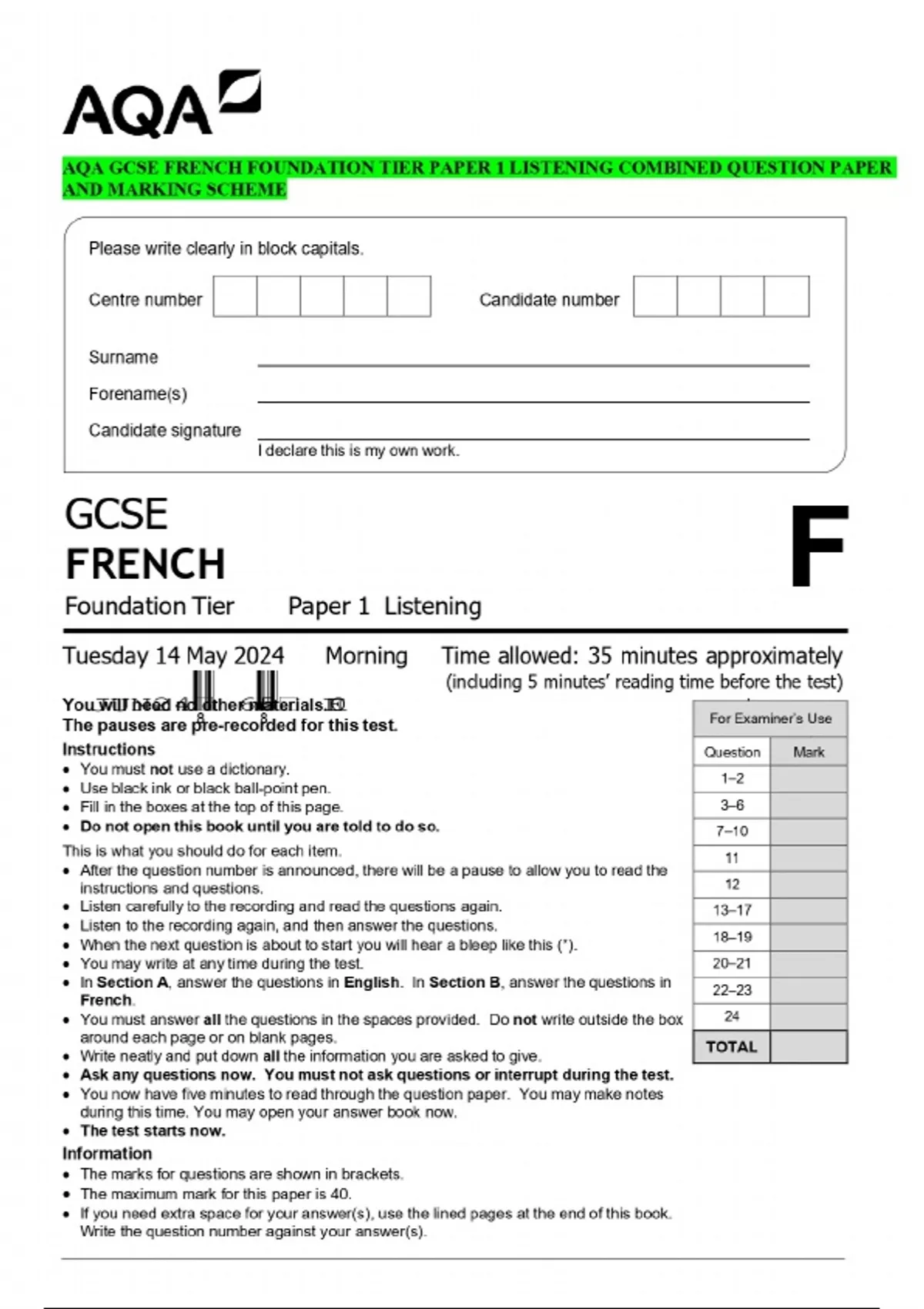 AQA GCSE FRENCH FOUNDATION TIER PAPER 1 LISTENING COMBINED QUESTION ...