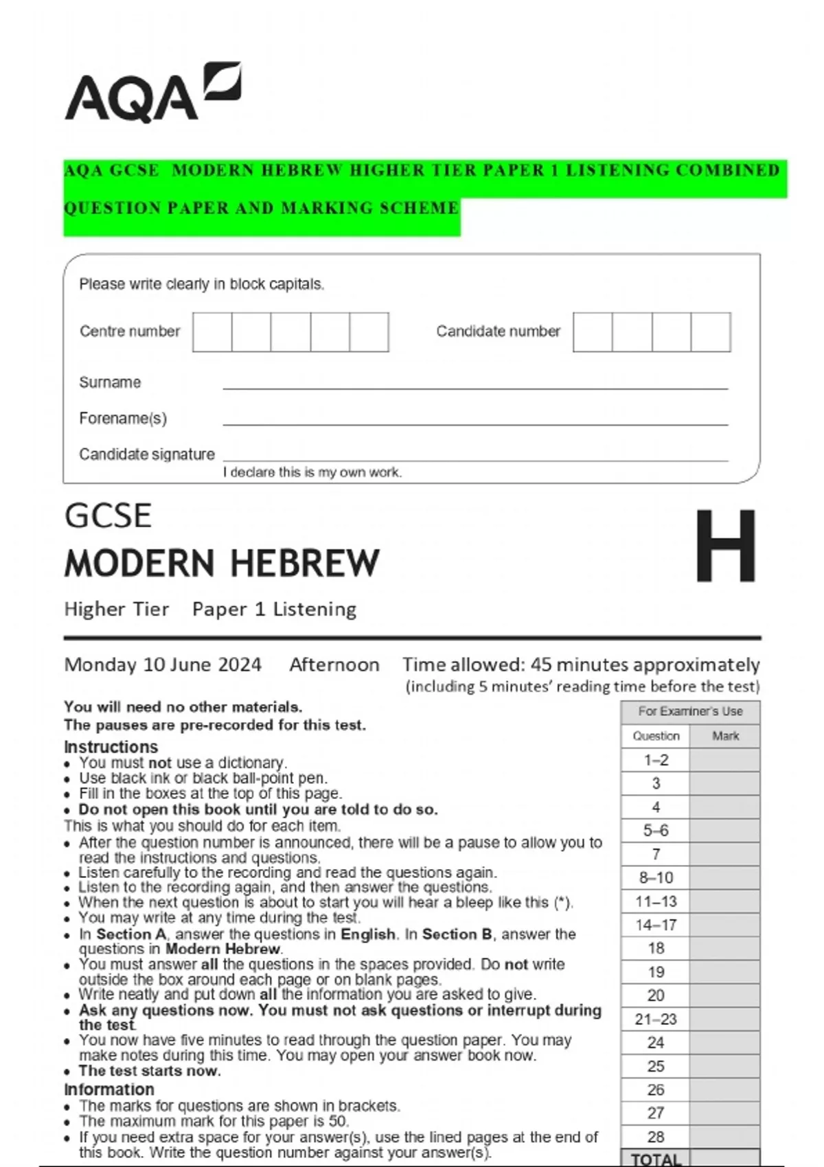 AQA GCSE MODERN HEBREW HIGHER TIER PAPER 1 LISTENING COMBINED QUESTION PAPER AND MARKING SCHEME ...