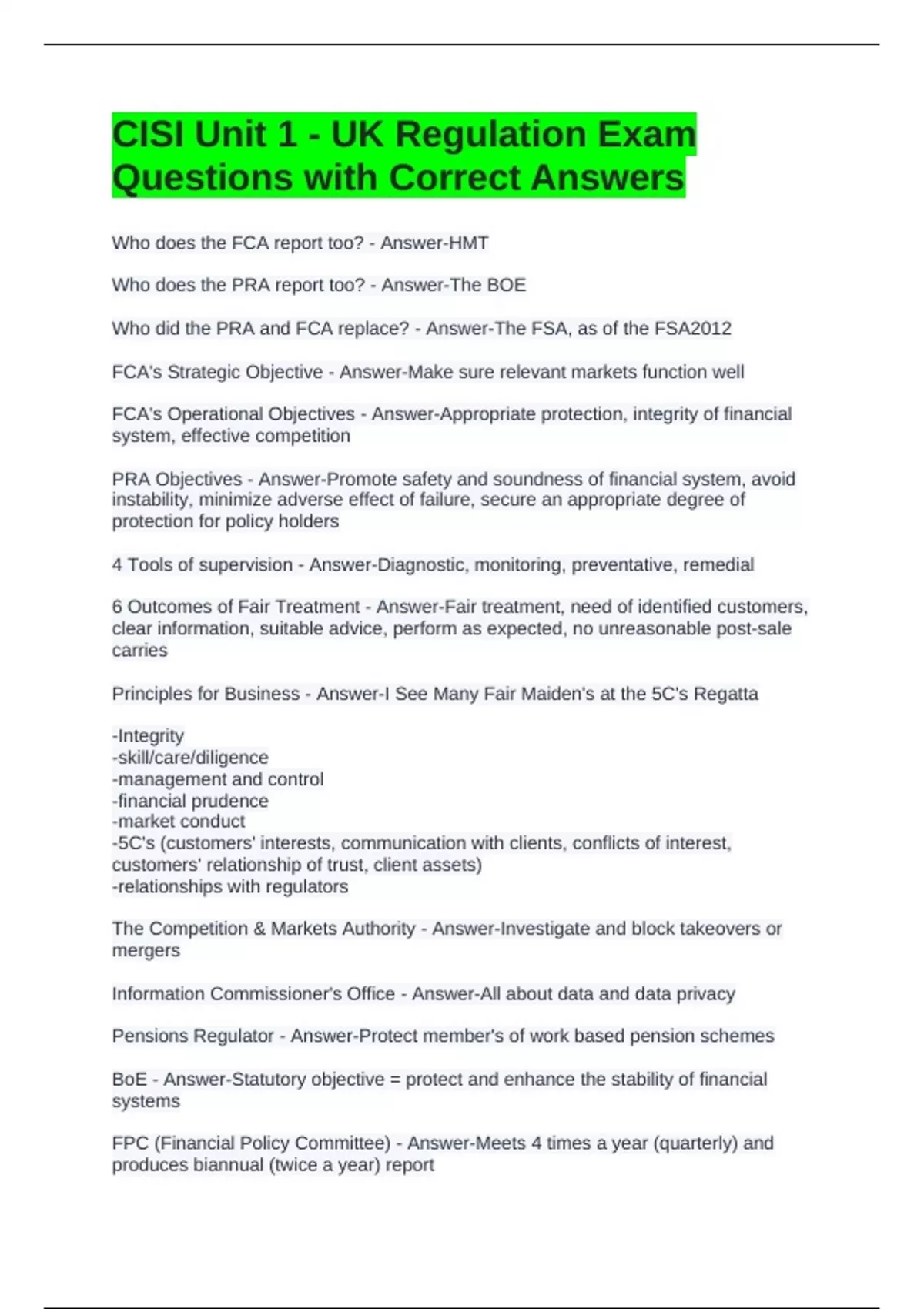 CISI Unit 1 - UK Regulation Exam Questions with Correct Answers - CISI ...