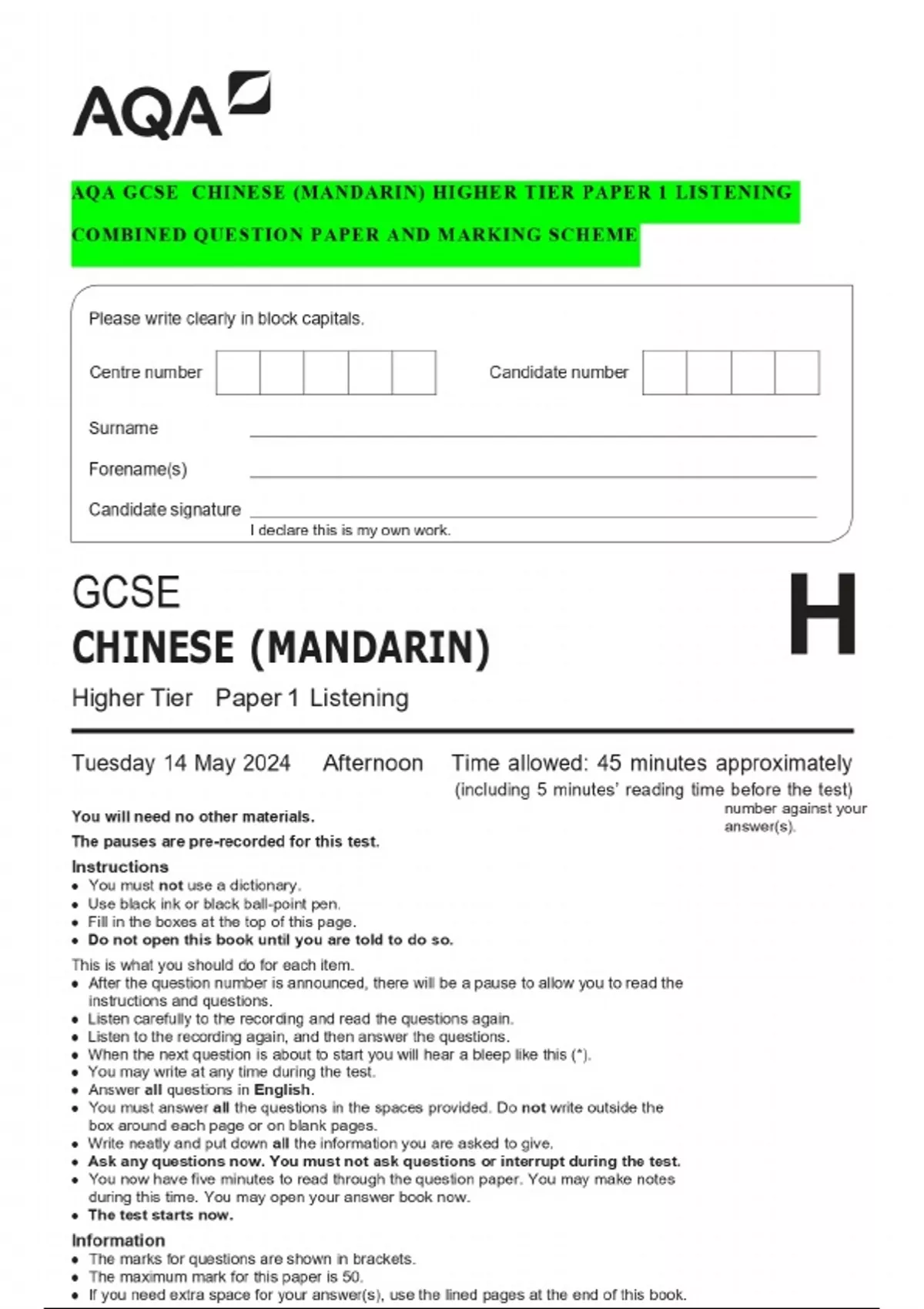 AQA GCSE CHINESE (MANDARIN) HIGHER TIER PAPER 1 LISTENING COMBINED ...