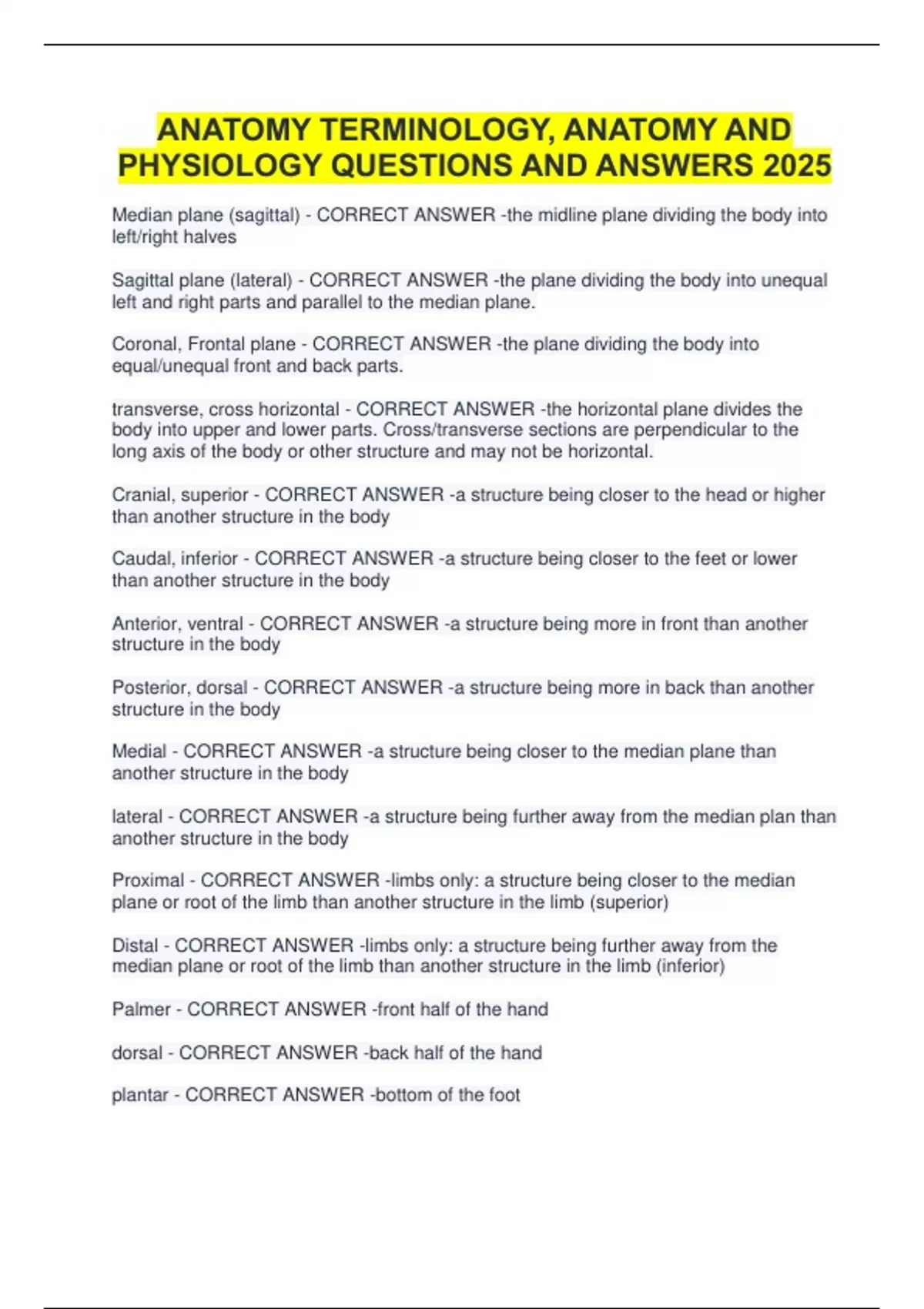 anatomy terminology, anatomy and physiology questions and answers 2025 ...