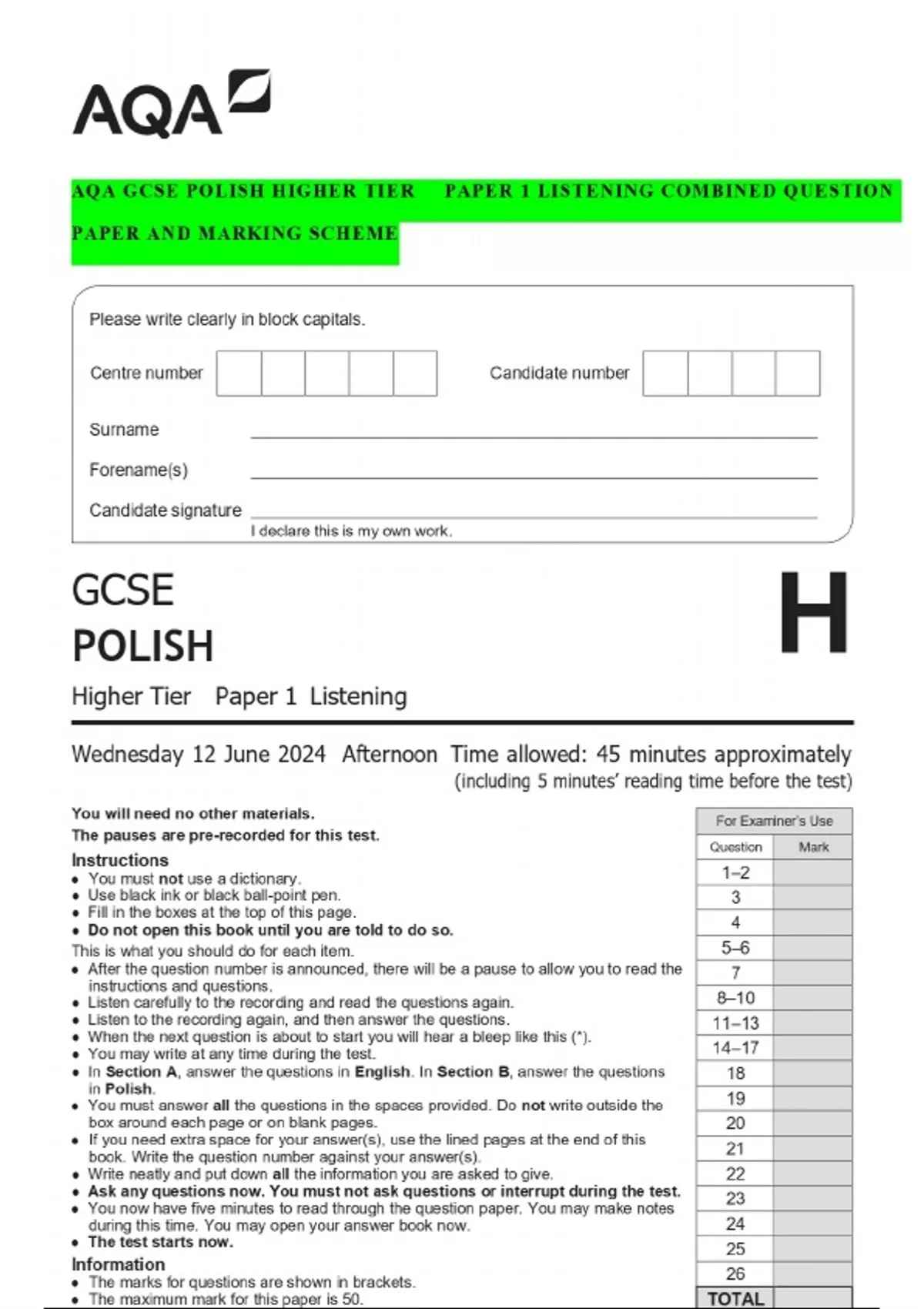 AQA GCSE POLISH HIGHER TIER PAPER 1 LISTENING COMBINED QUESTION PAPER ...