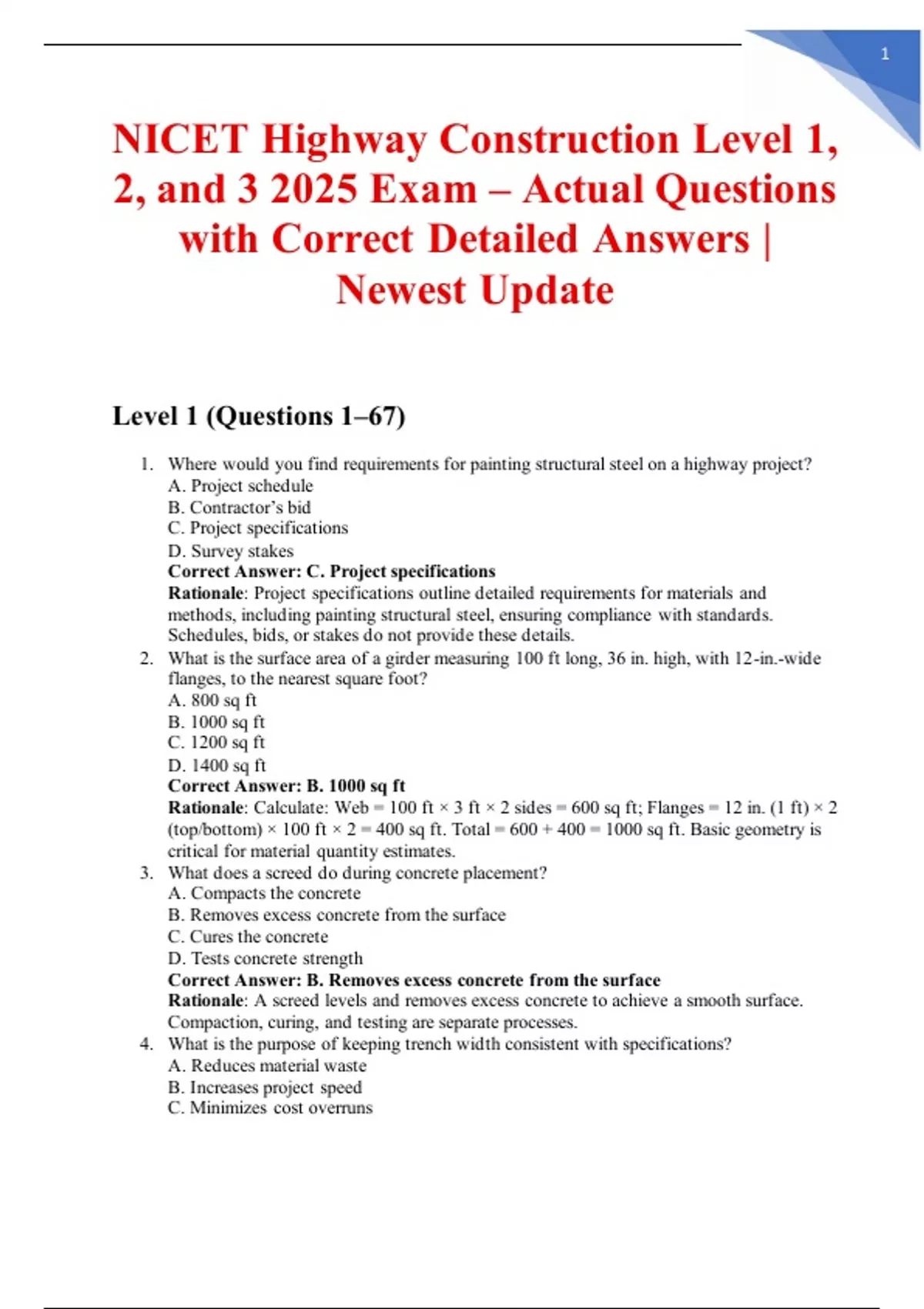NICET Highway Construction Level 1, 2, and 3 2025 Exam – Actual Questions with Correct Detailed ...