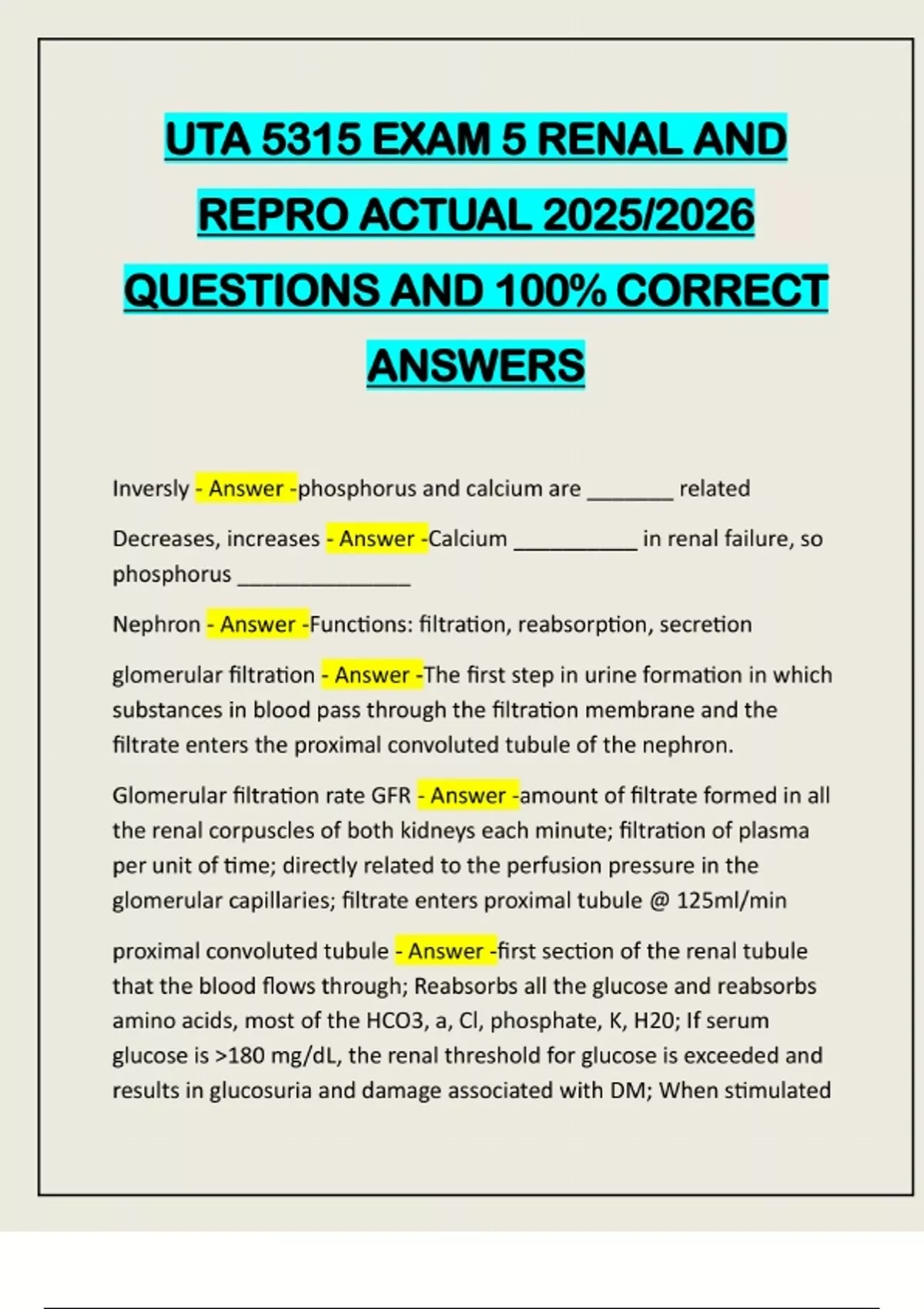 UTA 5315 EXAM 5 RENAL AND REPRO ACTUAL 2025/2026 QUESTIONS AND 100% ...