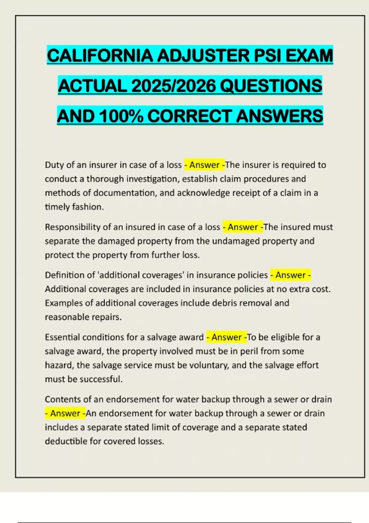 CALIFORNIA ADJUSTER PSI EXAM ACTUAL 2025/2026 QUESTIONS AND 100% ...