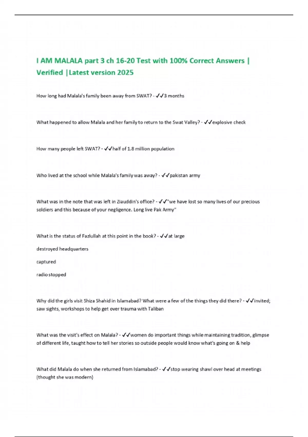 I AM MALALA part 3 ch 16-20 Test with 100% Correct Answers | Verified ...