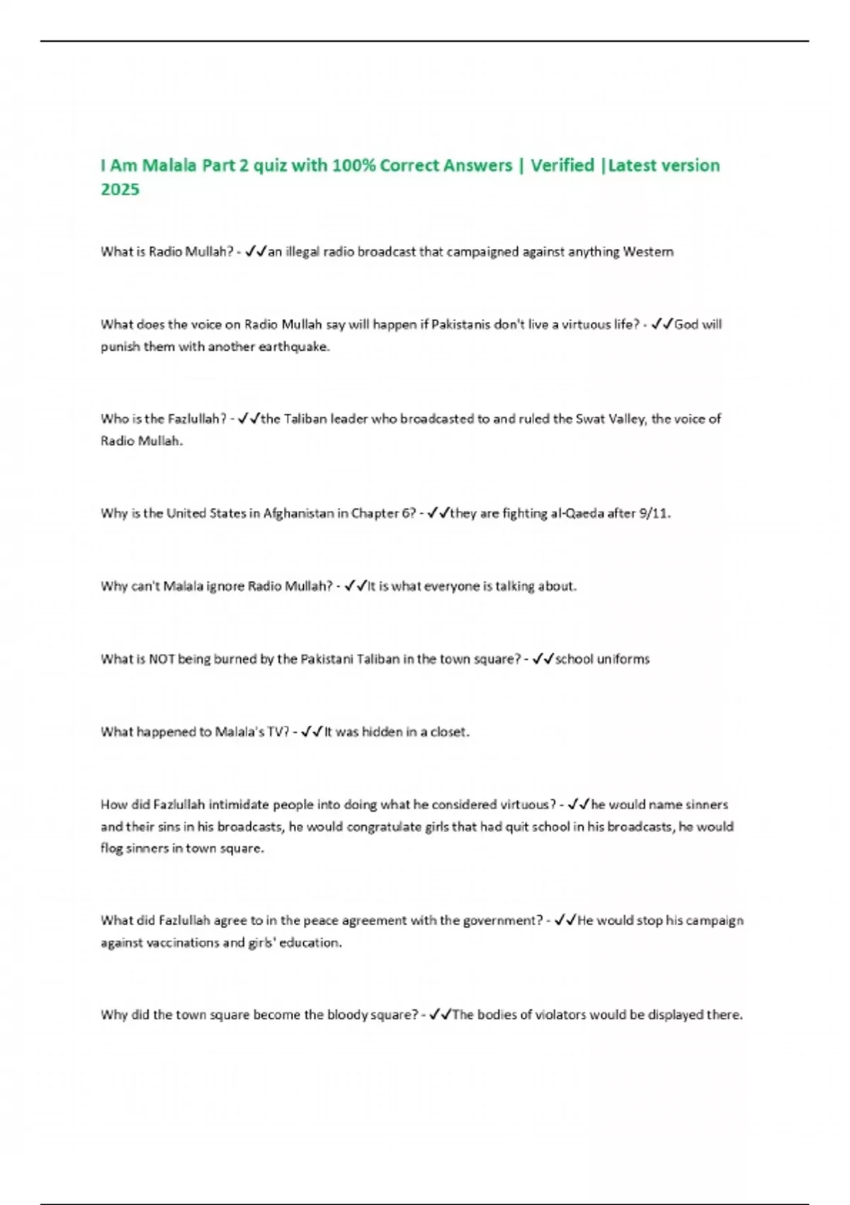 I Am Malala Part 2 quiz with 100% Correct Answers | Verified |Latest ...