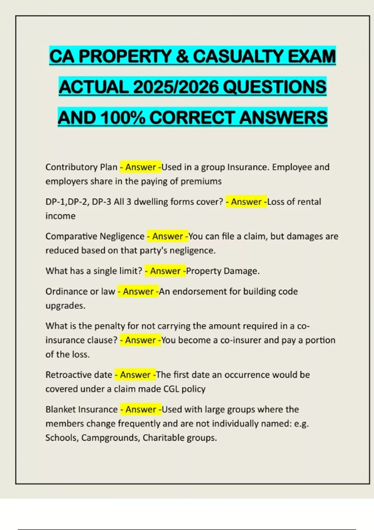 CA PROPERTY & CASUALTY EXAM ACTUAL 2025/2026 QUESTIONS AND 100% CORRECT ...