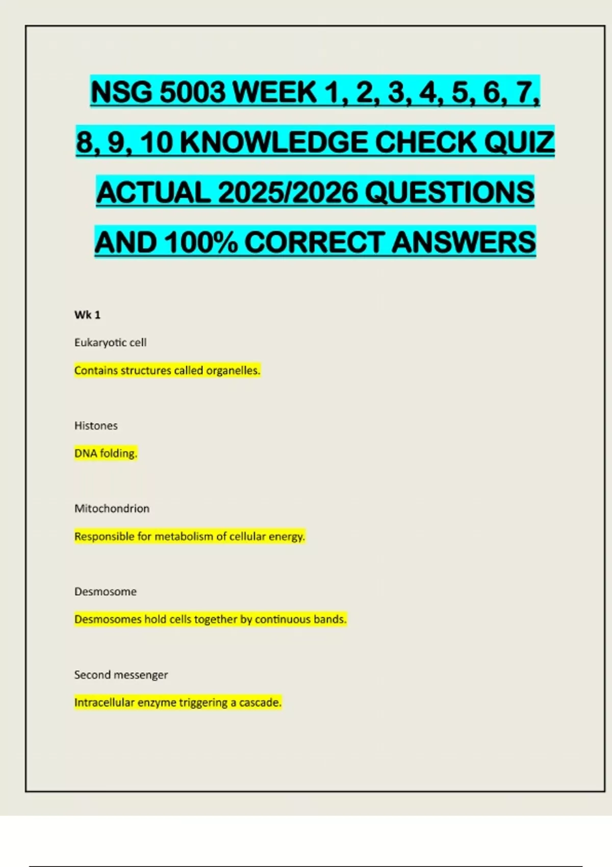 NSG 5003 WEEK 1, 2, 3, 4, 5, 6, 7, 8, 9, 10 KNOWLEDGE CHECK QUIZ ACTUAL 2025/2026 QUESTIONS AND ...