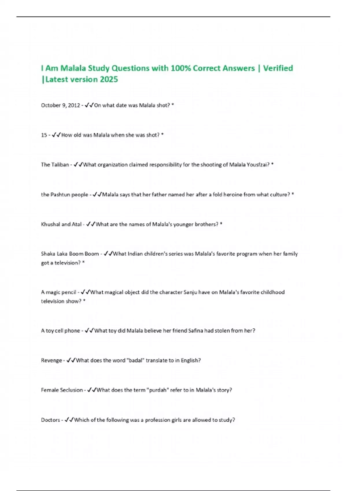 I Am Malala Study Questions with 100% Correct Answers | Verified ...