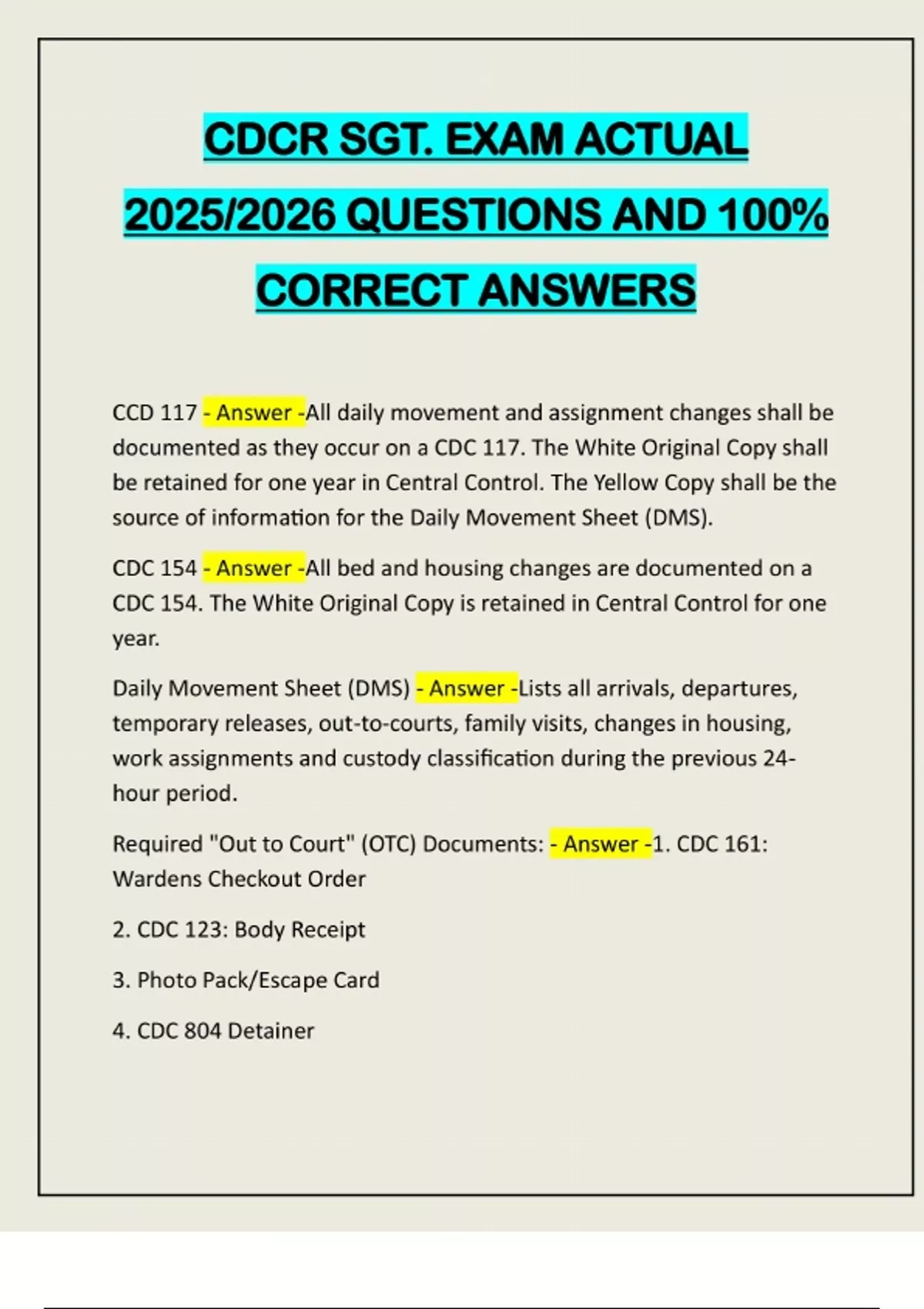 CDCR SGT. EXAM ACTUAL 2025/2026 QUESTIONS AND 100% CORRECT ANSWERS ...