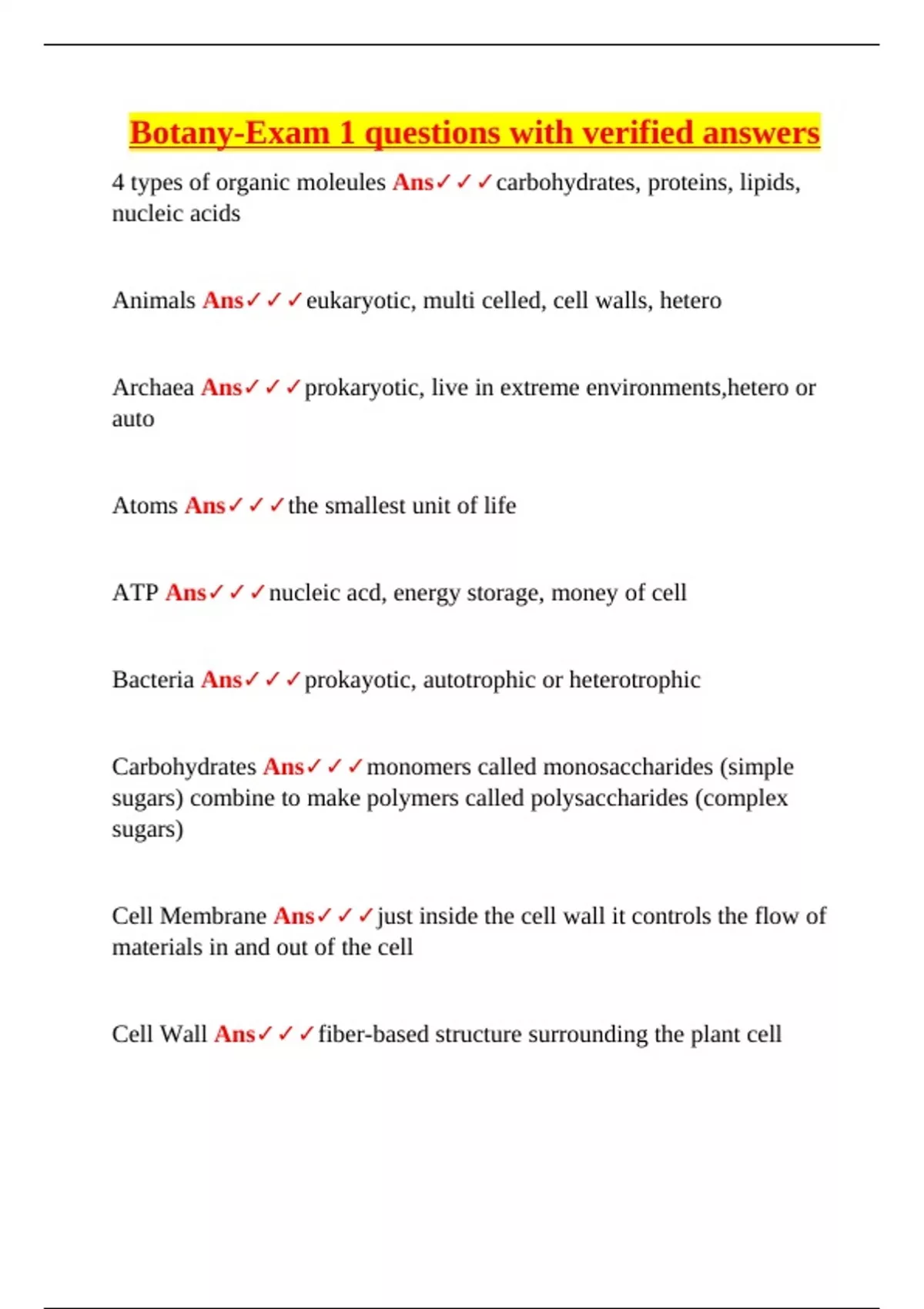 Botany – Exam 1 Review with Verified Answers | Plant Cell Biology ...