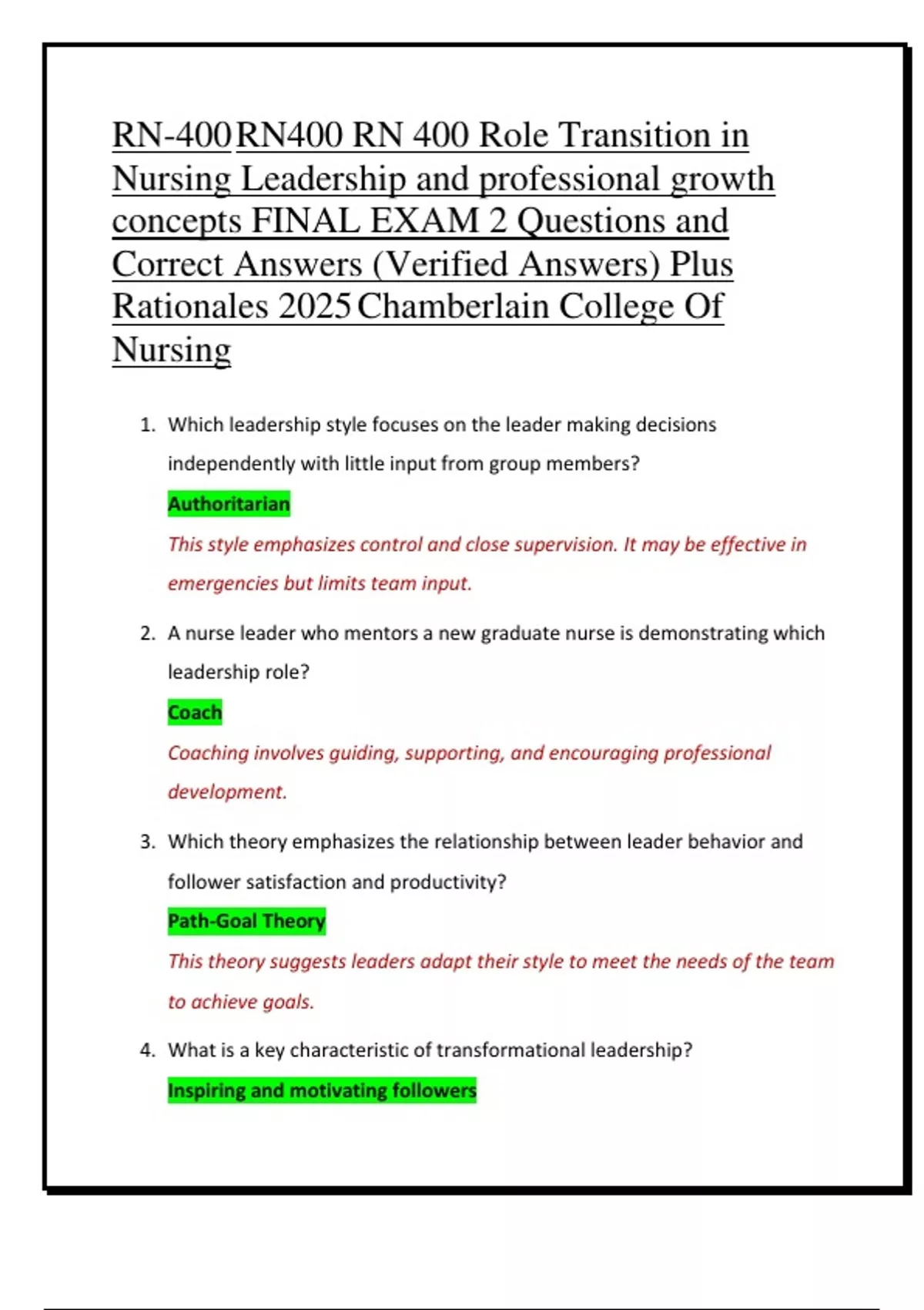 RN-400RN400 RN 400 Role Transition in Nursing Leadership and professional growth concepts FINAL ...