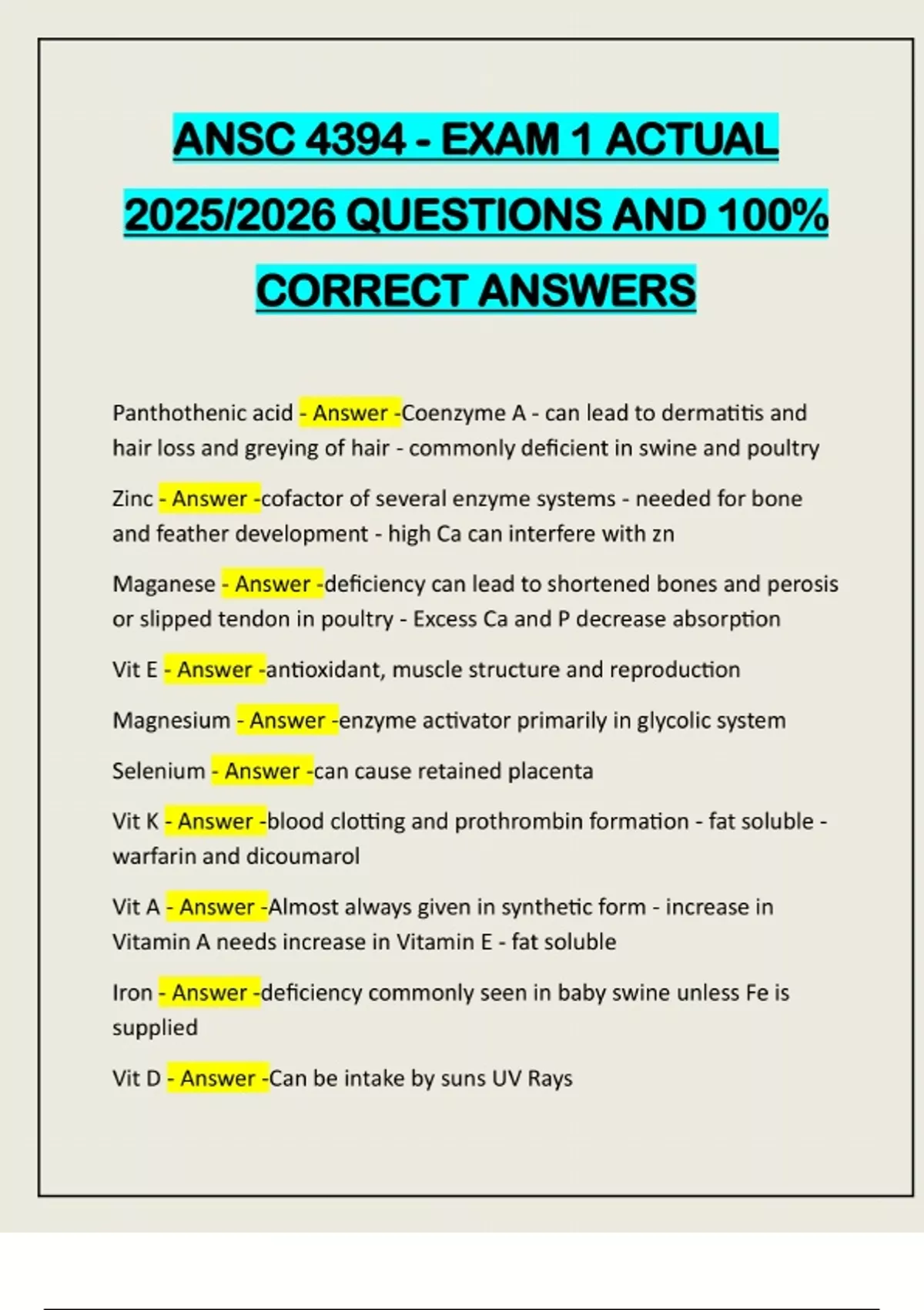 ANSC 4394 - EXAM 1 ACTUAL 2025/2026 QUESTIONS AND 100% CORRECT ANSWERS ...
