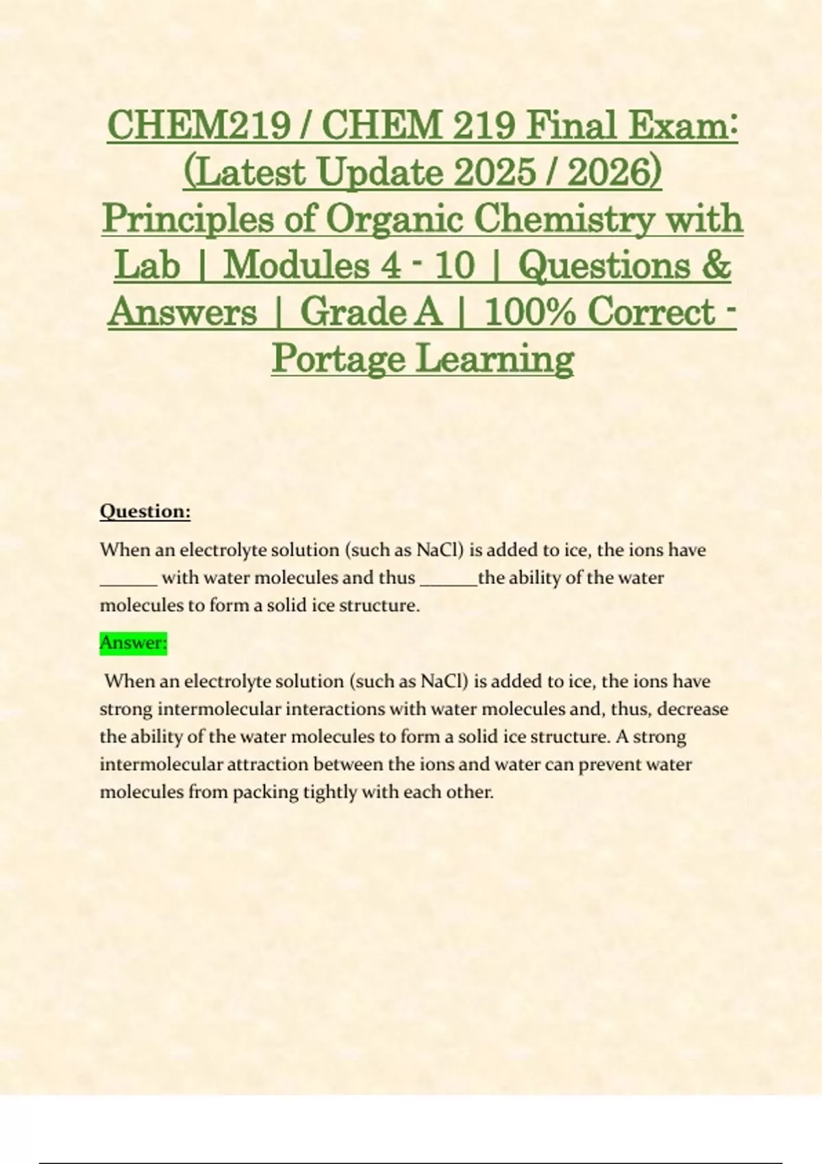 CHEM219 / CHEM 219 Final Exam: (Latest Update 2025 / 2026) Principles ...
