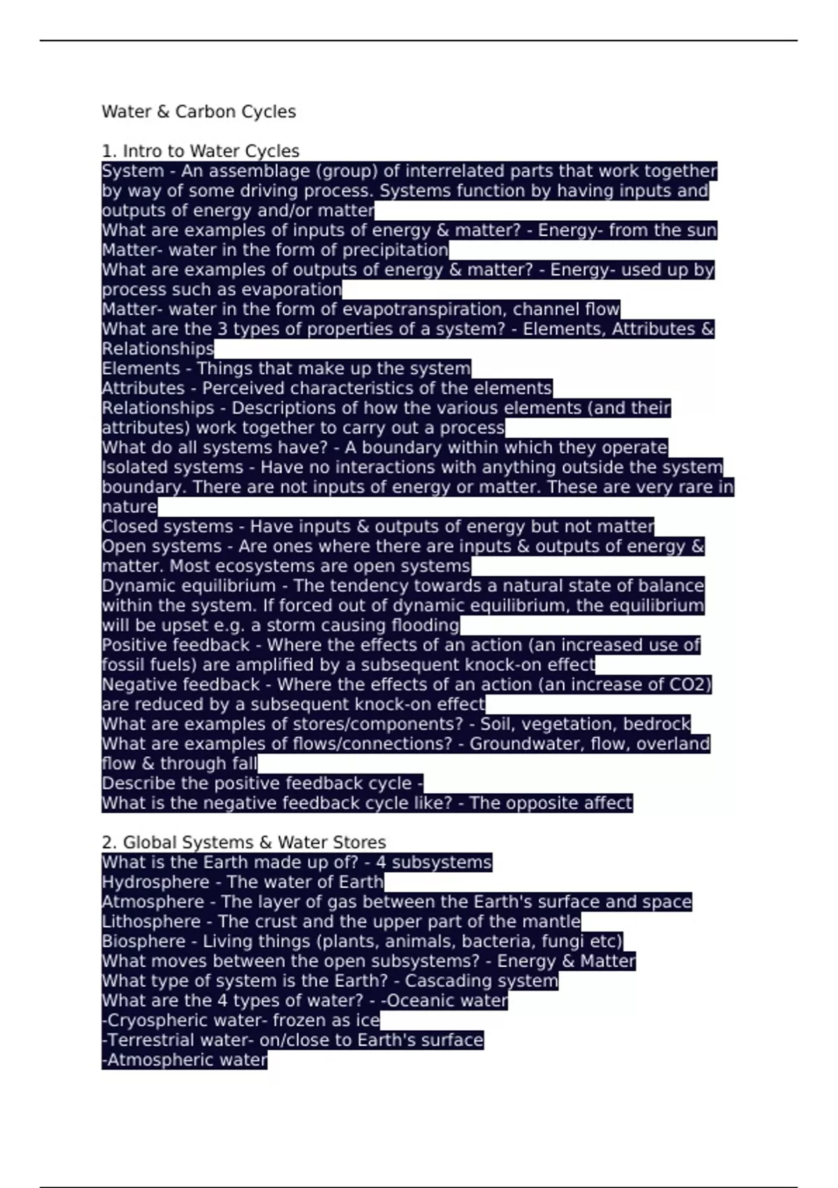 Summary AQA a level geography water & carbon cycles complete notes ...