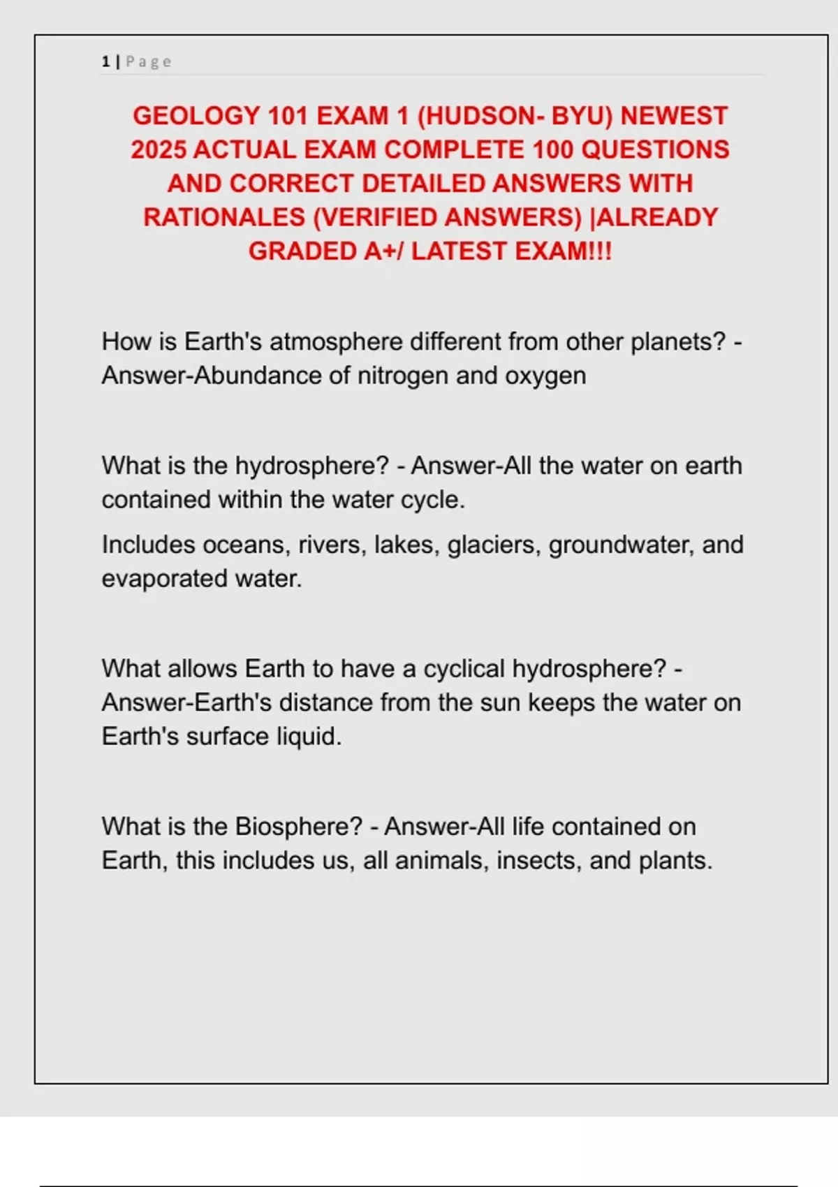 GEOLOGY 101 EXAM 1 (HUDSON- BYU) NEWEST 2025 ACTUAL EXAM COMPLETE 100 QUESTIONS AND CORRECT ...