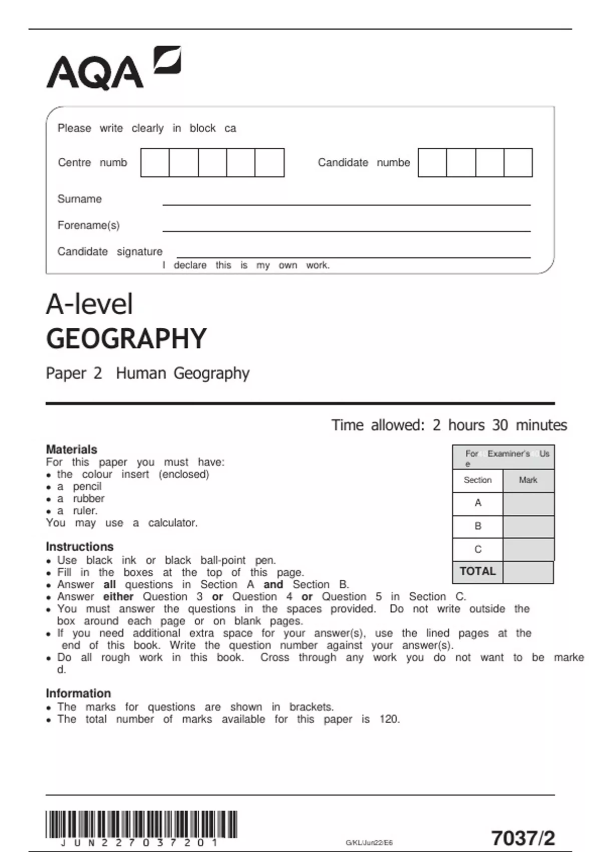 Actual 2024 AQA A-level GEOGRAPHY 7037/2 Paper 1 Human geography Merged ...