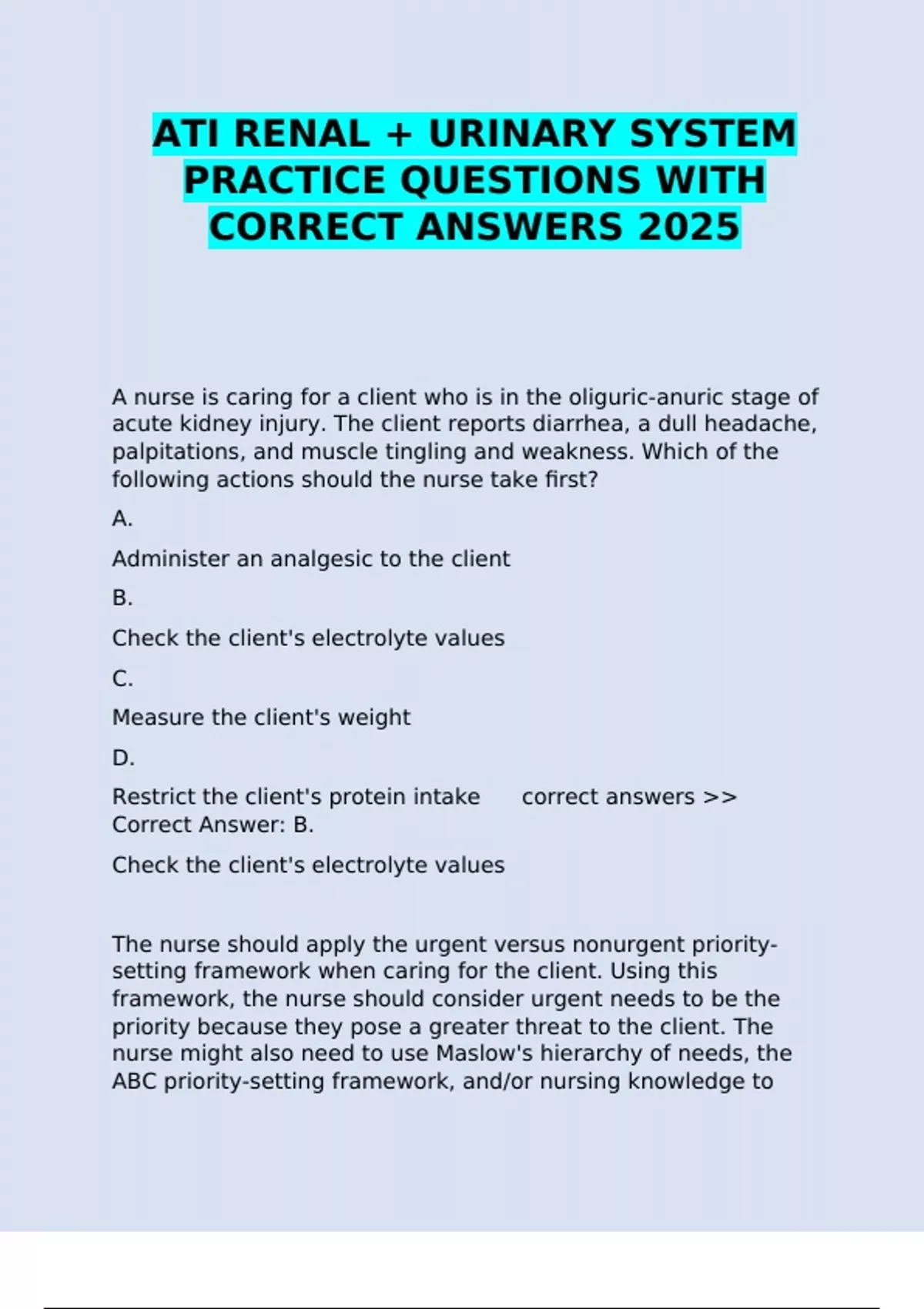 ATI RENAL + URINARY SYSTEM PRACTICE QUESTIONS WITH CORRECT ANSWERS 2025 ...