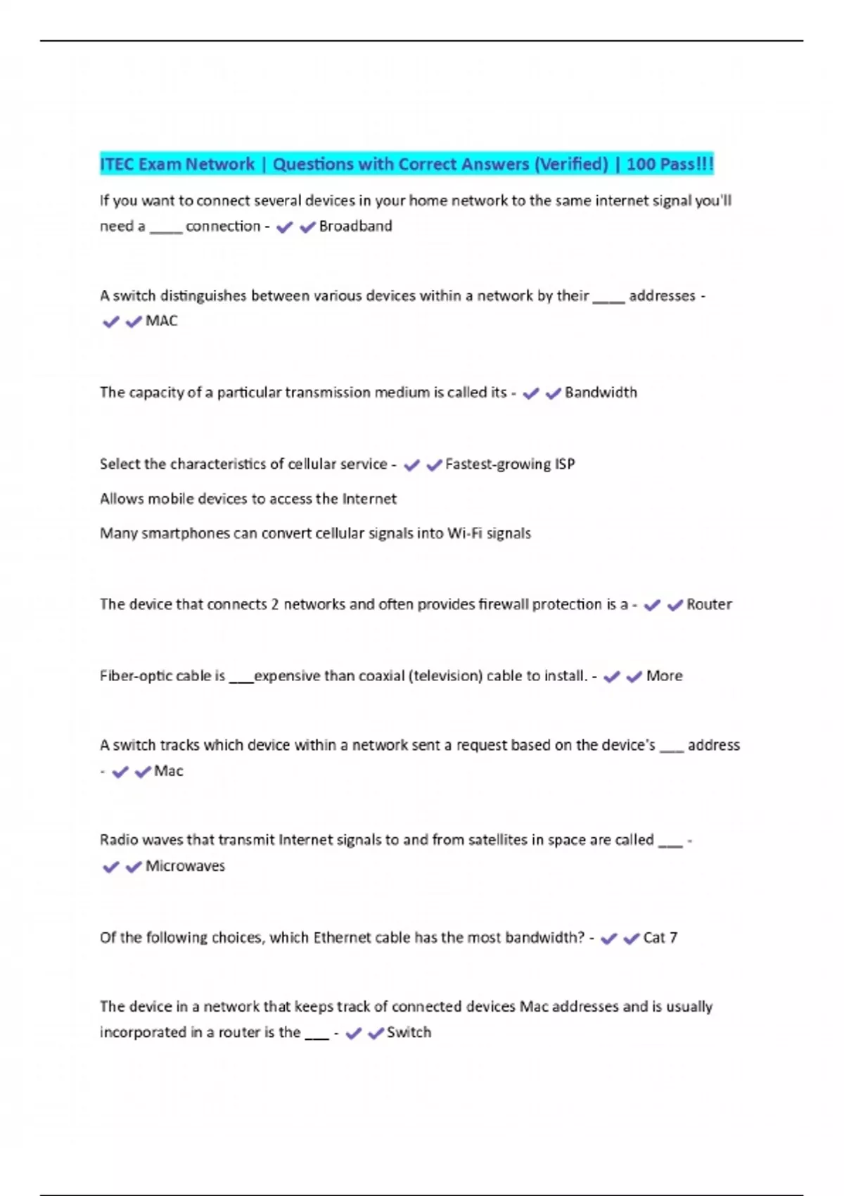 ITEC Exam Network | Questions with Correct Answers (Verified) | 100 ...