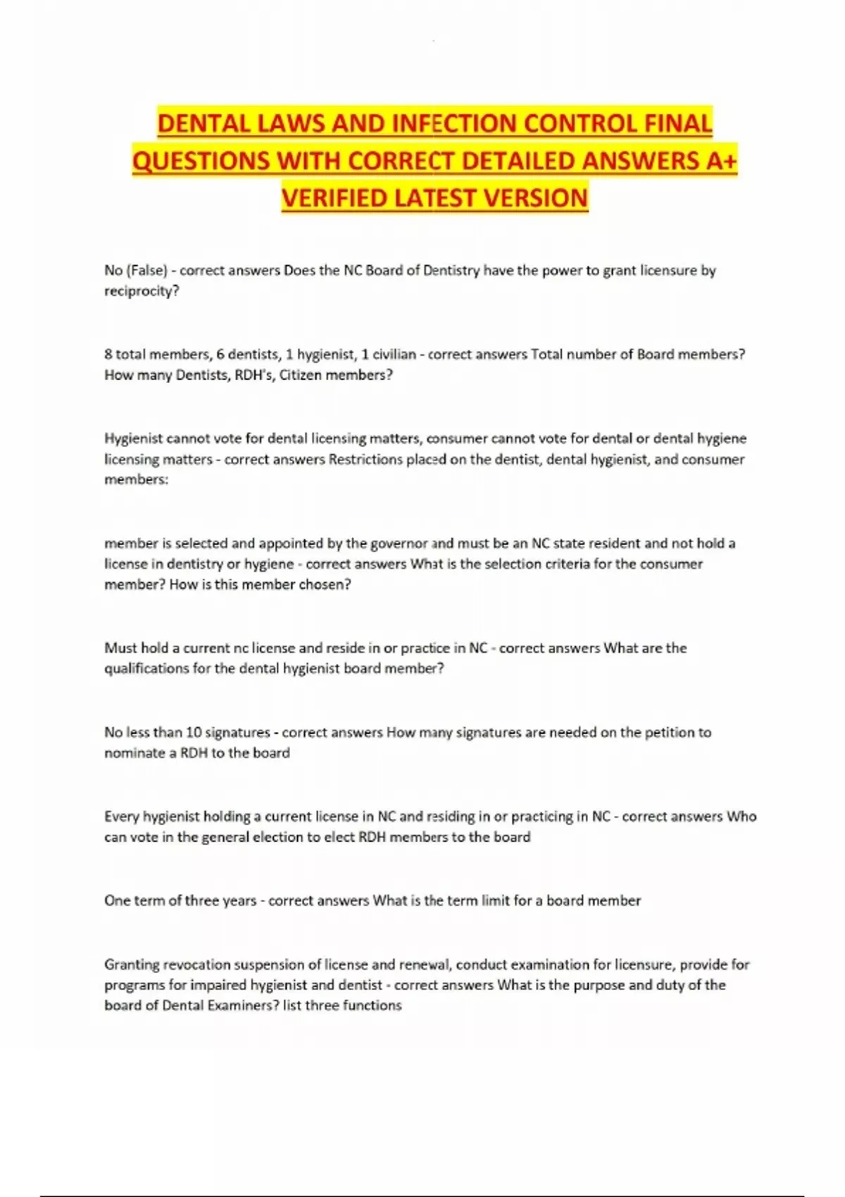 DENTAL LAWS AND INFECTION CONTROL FINAL QUESTIONS WITH CORRECT DETAILED ...