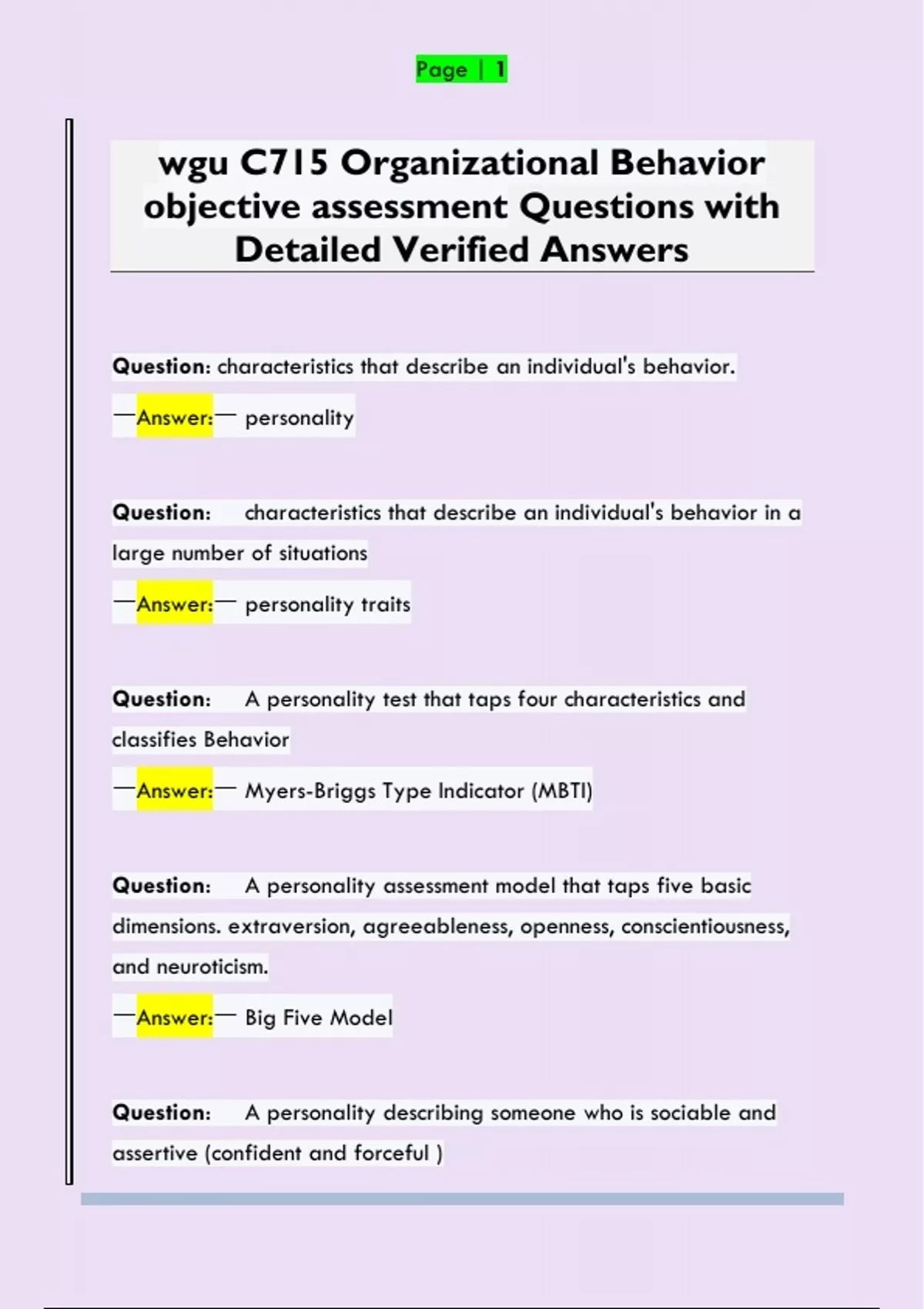 wgu C715 Organizational Behavior objective assessment Questions with ...