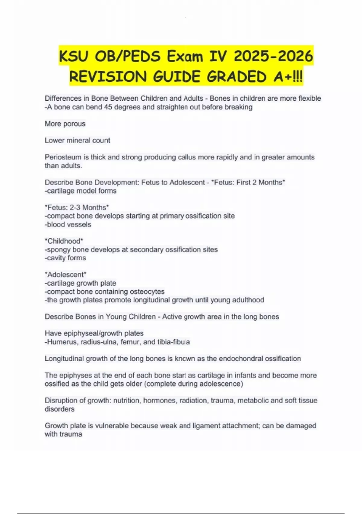 KSU OB-PEDS Exam IV REVISION GUIDE GRADED A+!!! - PEDS 2025 - Stuvia US