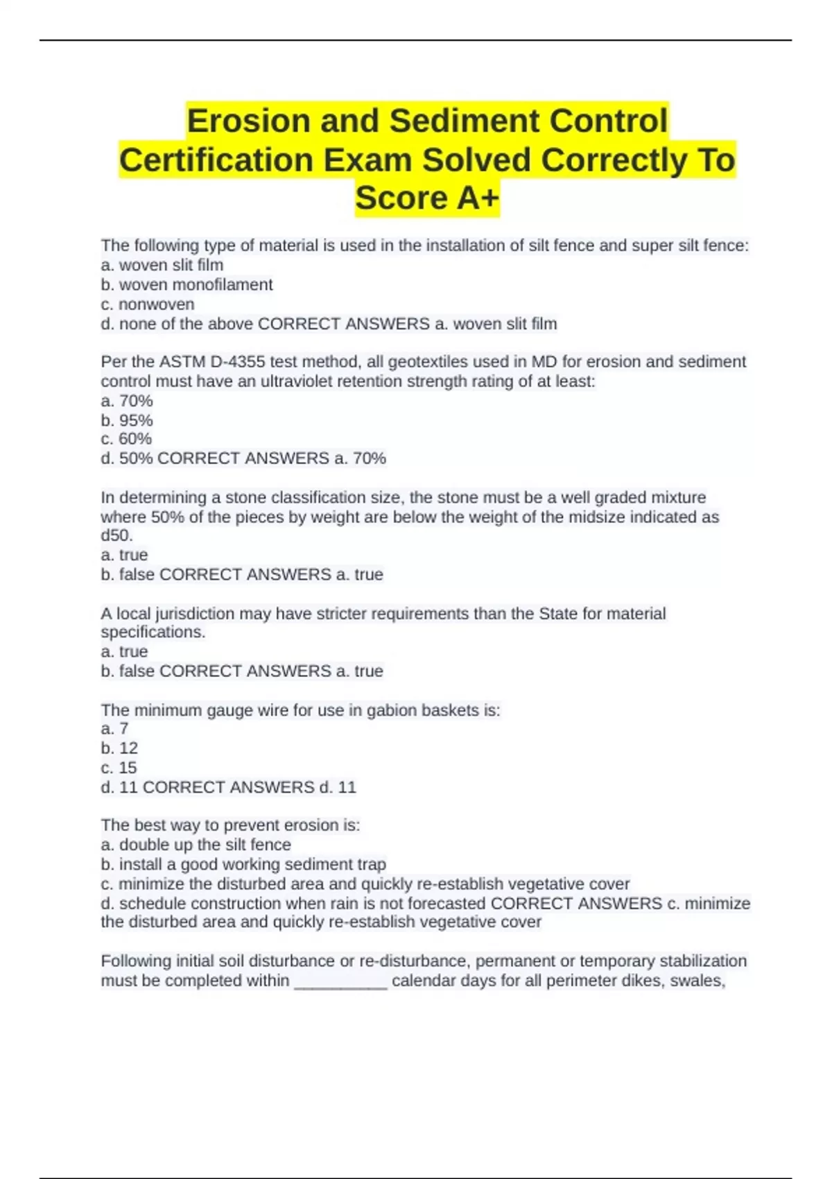 Erosion and Sediment Control Certification Exam Solved Correctly To ...