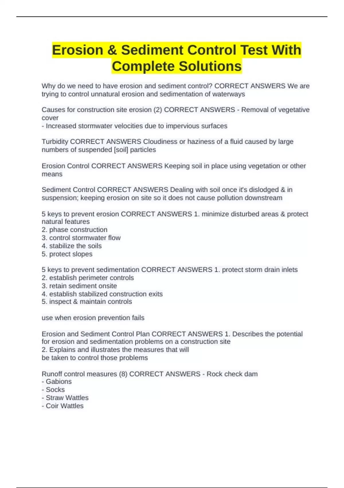 Erosion & Sediment Control Test With Complete Solutions - Erosion and ...
