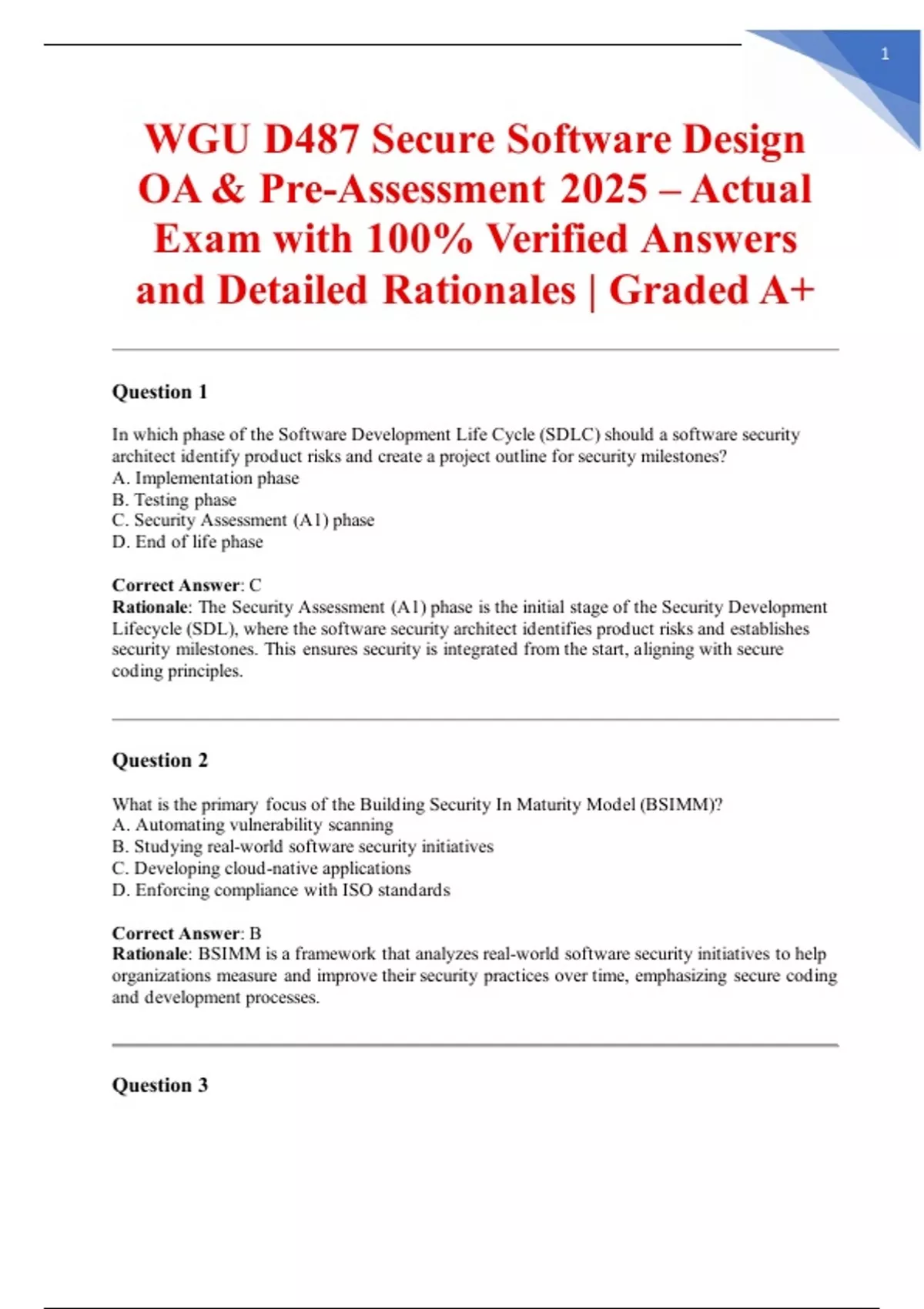 WGU D487 Secure Software Design OA & Pre-Assessment 2025 – Actual Exam with 100% Verified ...