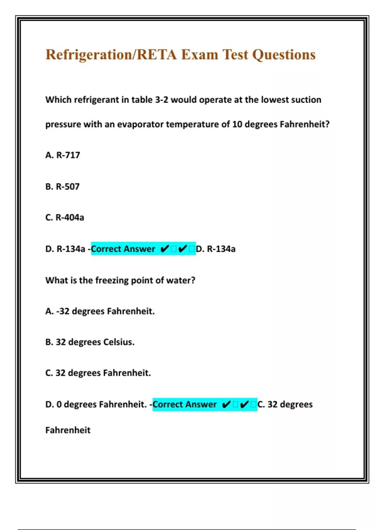 Refrigeration/RETA Exam Test Questions With Correct Complete Solutions ...