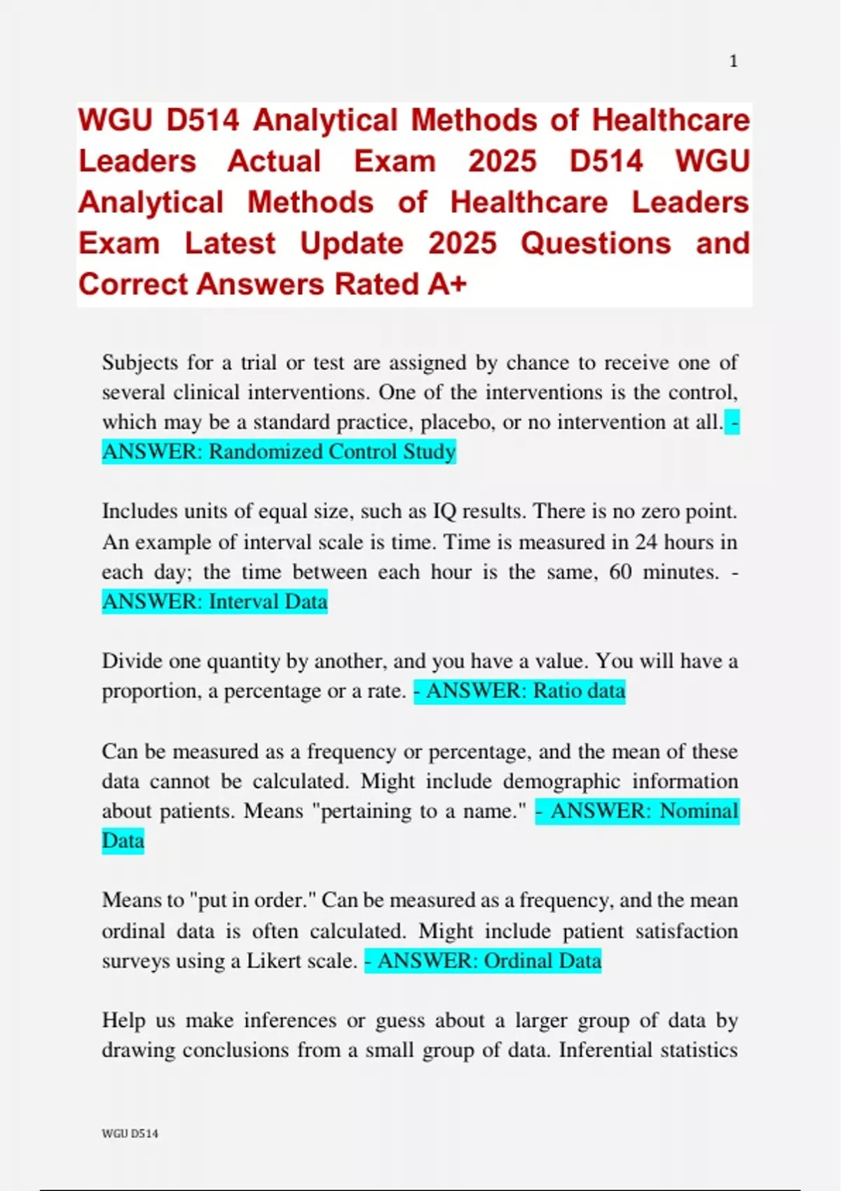WGU D514 Analytical Methods of Healthcare Leaders D514 WGU Analytical ...