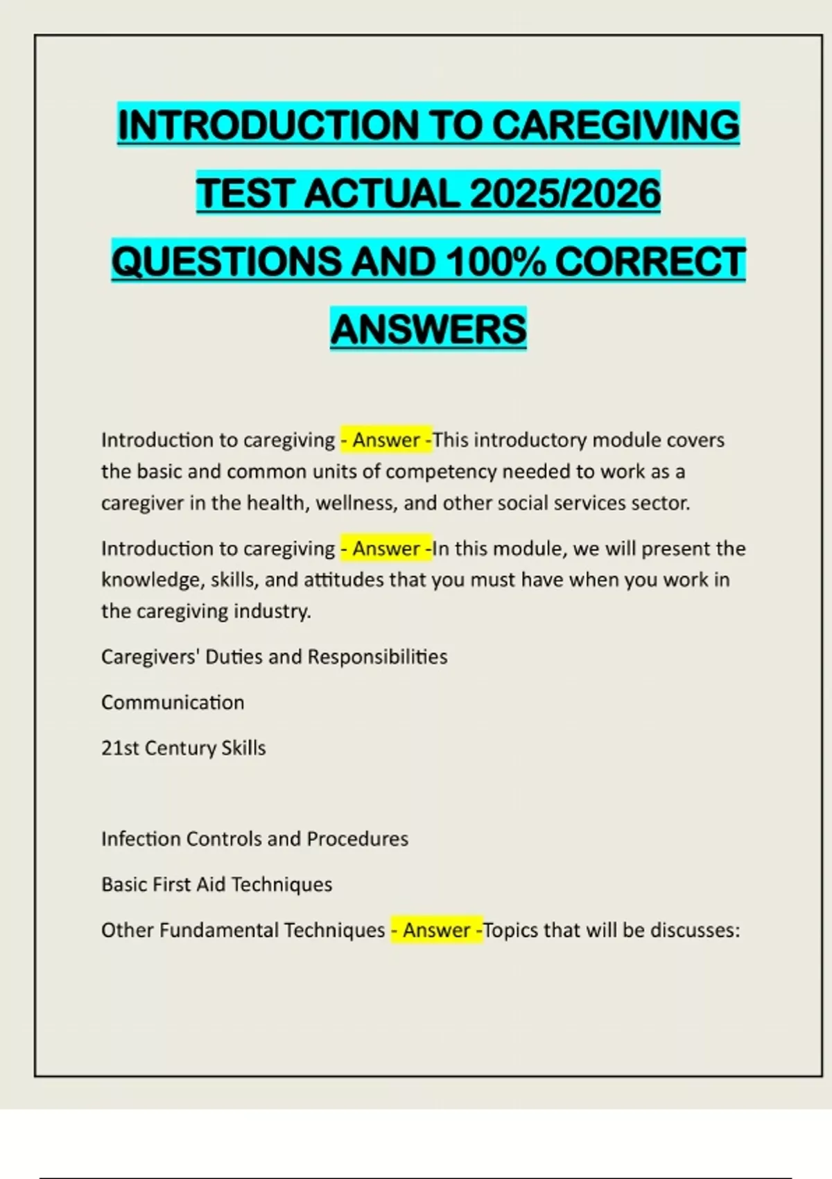 INTRODUCTION TO CAREGIVING TEST ACTUAL 2025/2026 QUESTIONS AND 100% ...