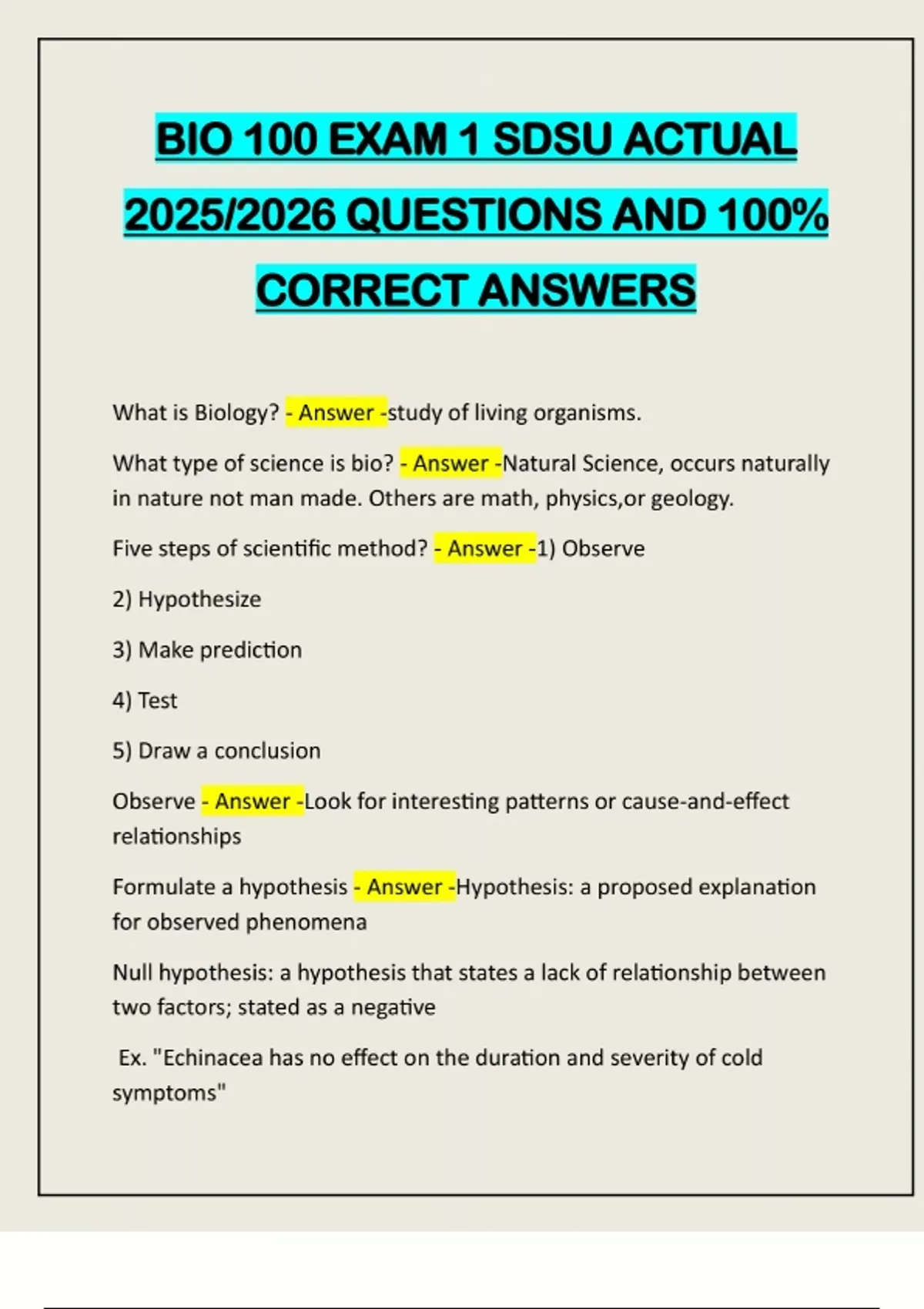 BIO 100 EXAM 1 SDSU ACTUAL 2025/2026 QUESTIONS AND 100% CORRECT ANSWERS ...