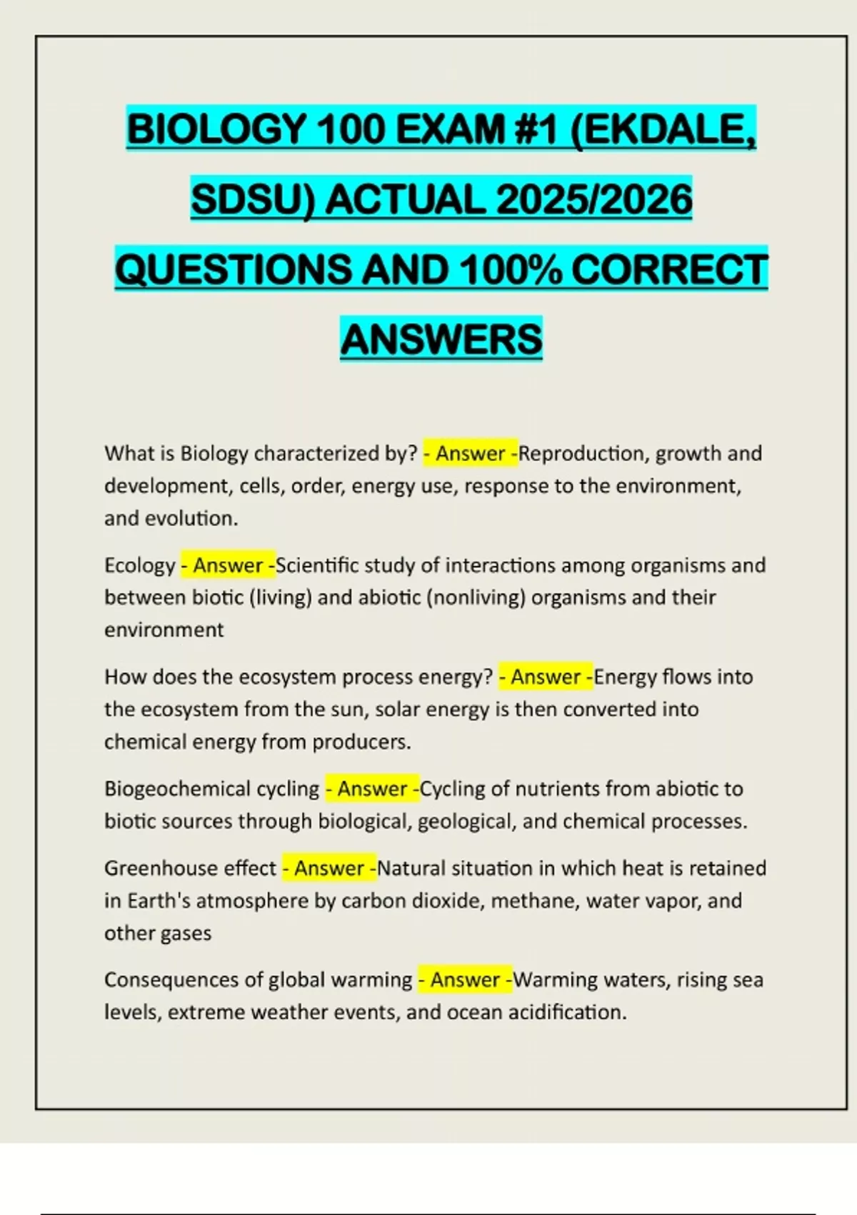 BIOLOGY 100 EXAM #1 (EKDALE, SDSU) ACTUAL 2025/2026 QUESTIONS AND 100% ...