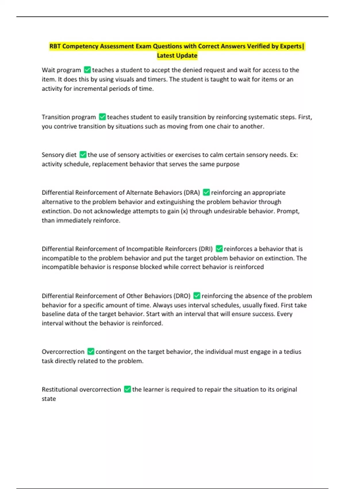 RBT Competency Assessment Exam Questions with Correct Answers Verified ...