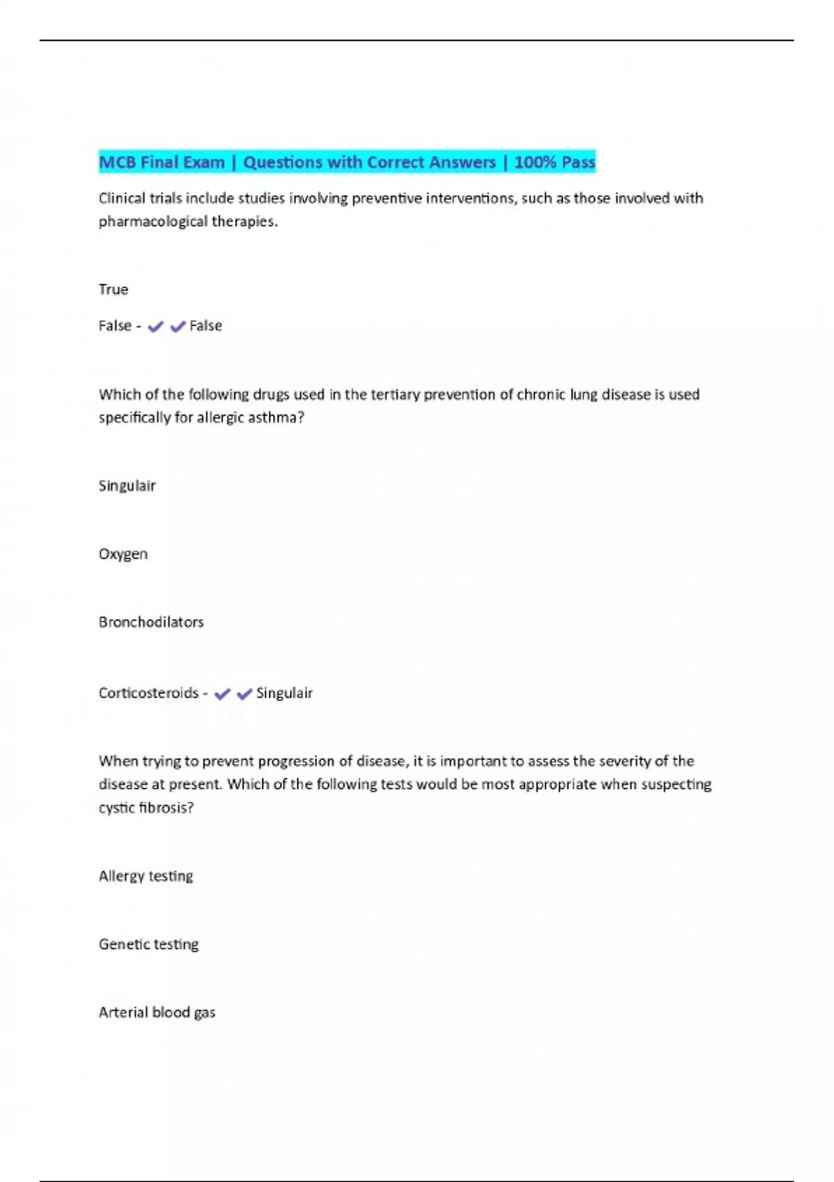 MCB Final Exam | Questions with Correct Answers | 100% Pass - MCB - Stuvia US