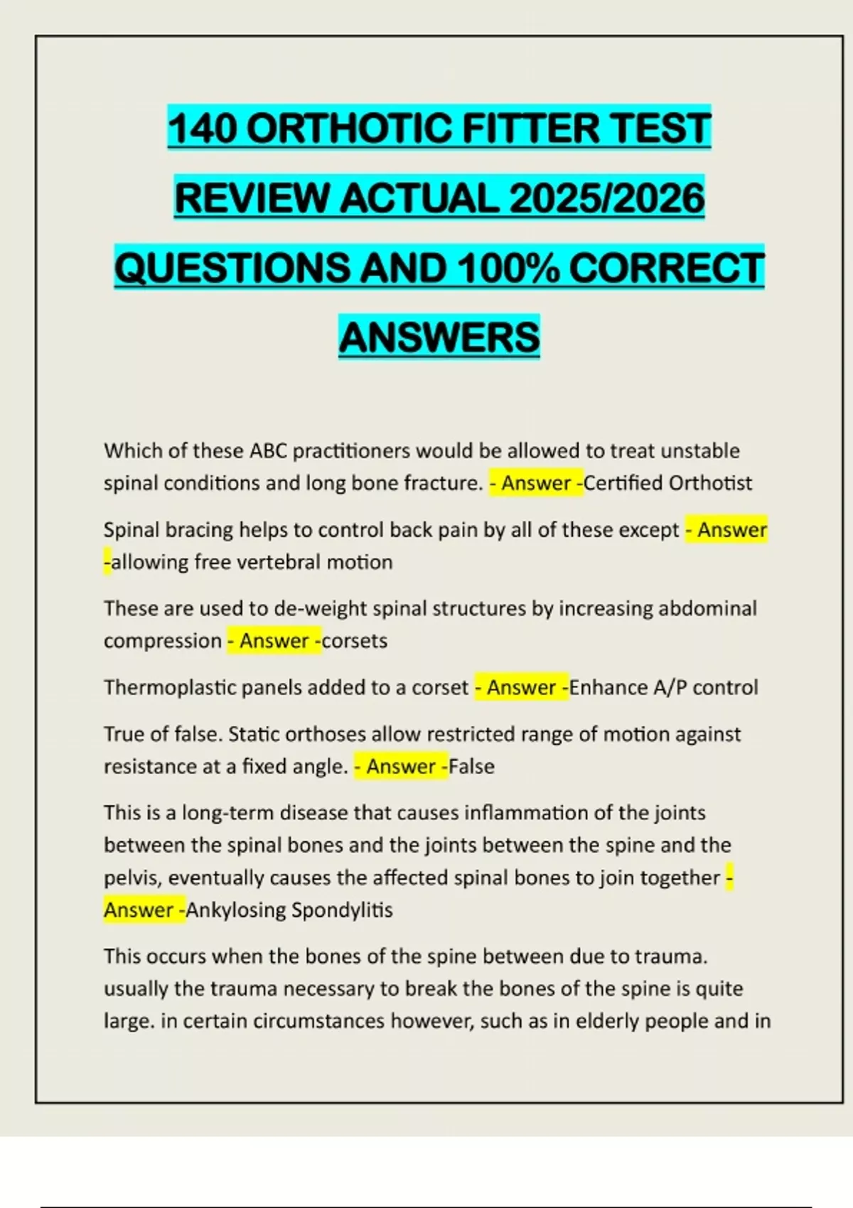 140 ORTHOTIC FITTER TEST REVIEW ACTUAL 2025/2026 QUESTIONS AND 100% ...
