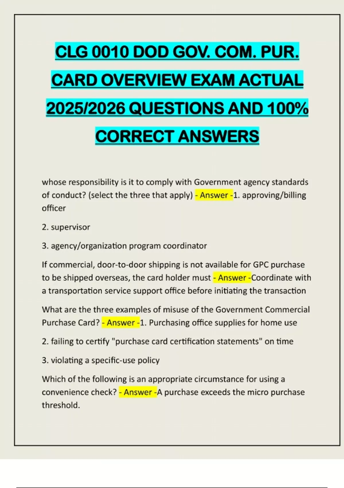 CLG 0010 DOD GOV. COM. PUR. CARD OVERVIEW EXAM ACTUAL 2025/2026 ...