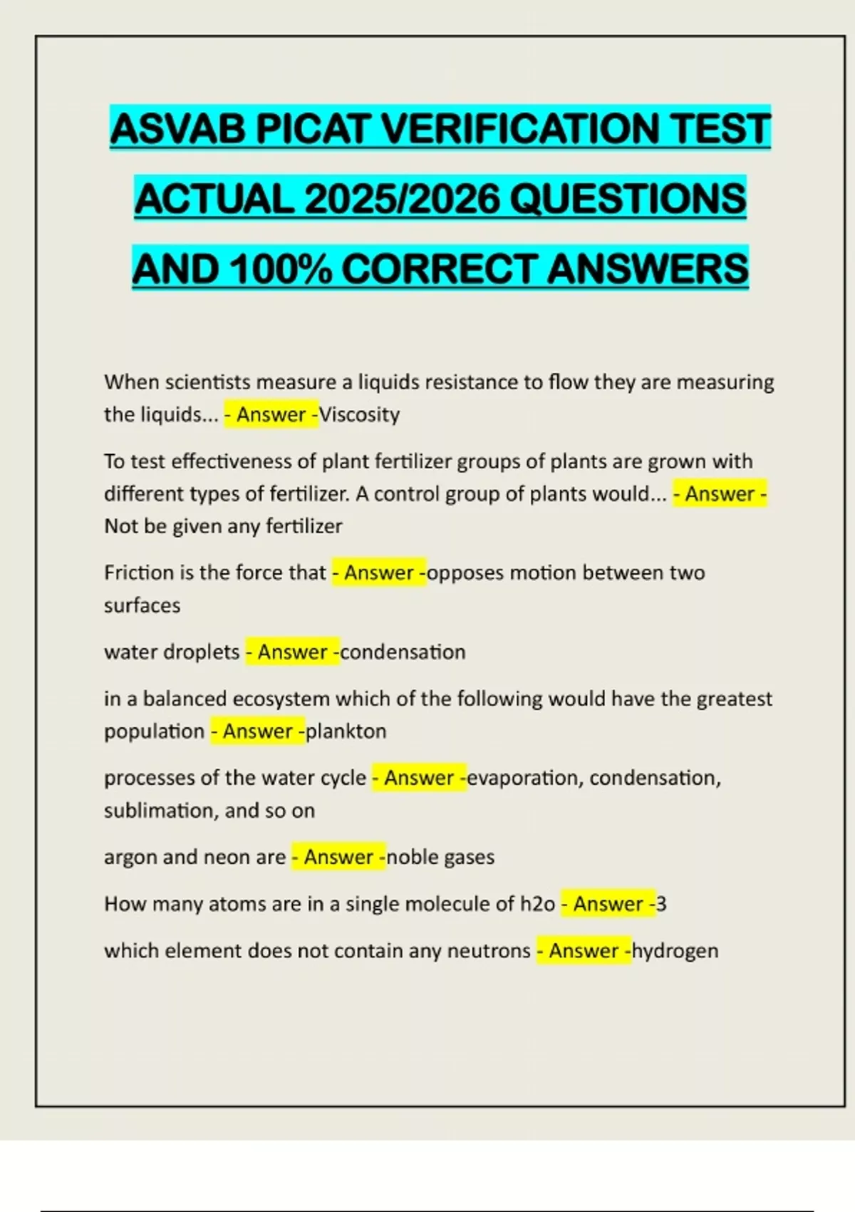 ASVAB PICAT VERIFICATION TEST ACTUAL 2025/2026 QUESTIONS AND 100% ...