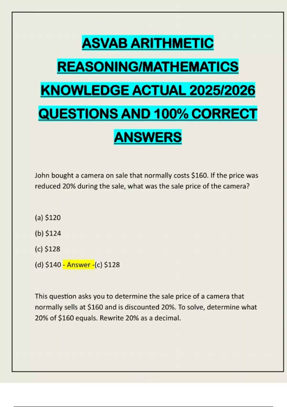 ASVAB ARITHMETIC REASONING/MATHEMATICS KNOWLEDGE ACTUAL 2025/2026 ...
