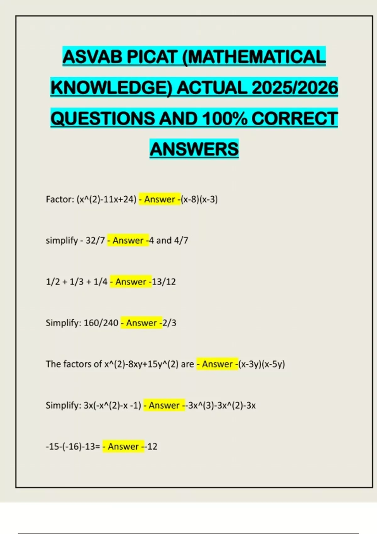 ASVAB PICAT (MATHEMATICAL KNOWLEDGE) ACTUAL 2025/2026 QUESTIONS AND 100 ...