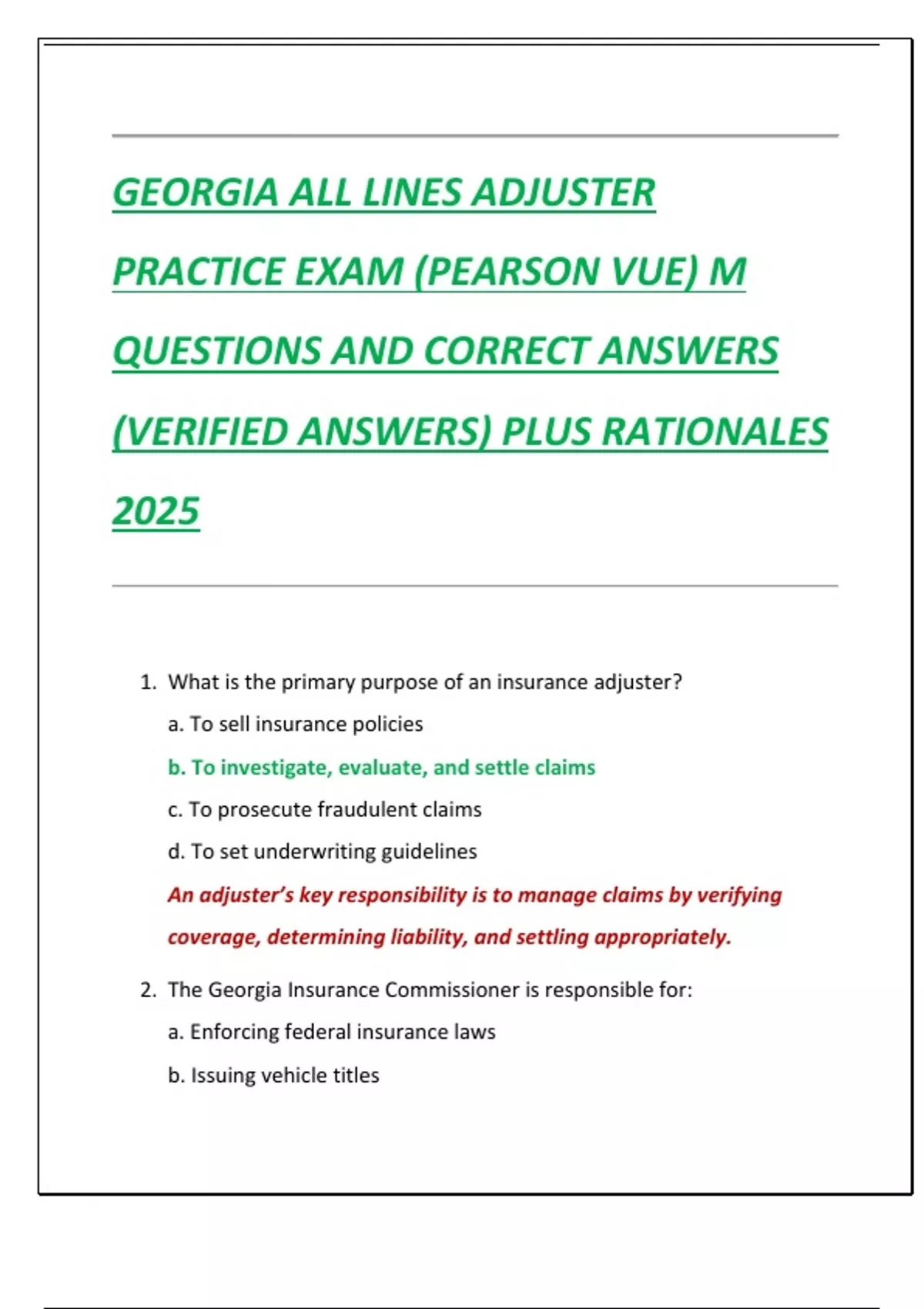 GEORGIA ALL LINES ADJUSTER PRACTICE EXAM (PEARSON VUE) M QUESTIONS AND ...