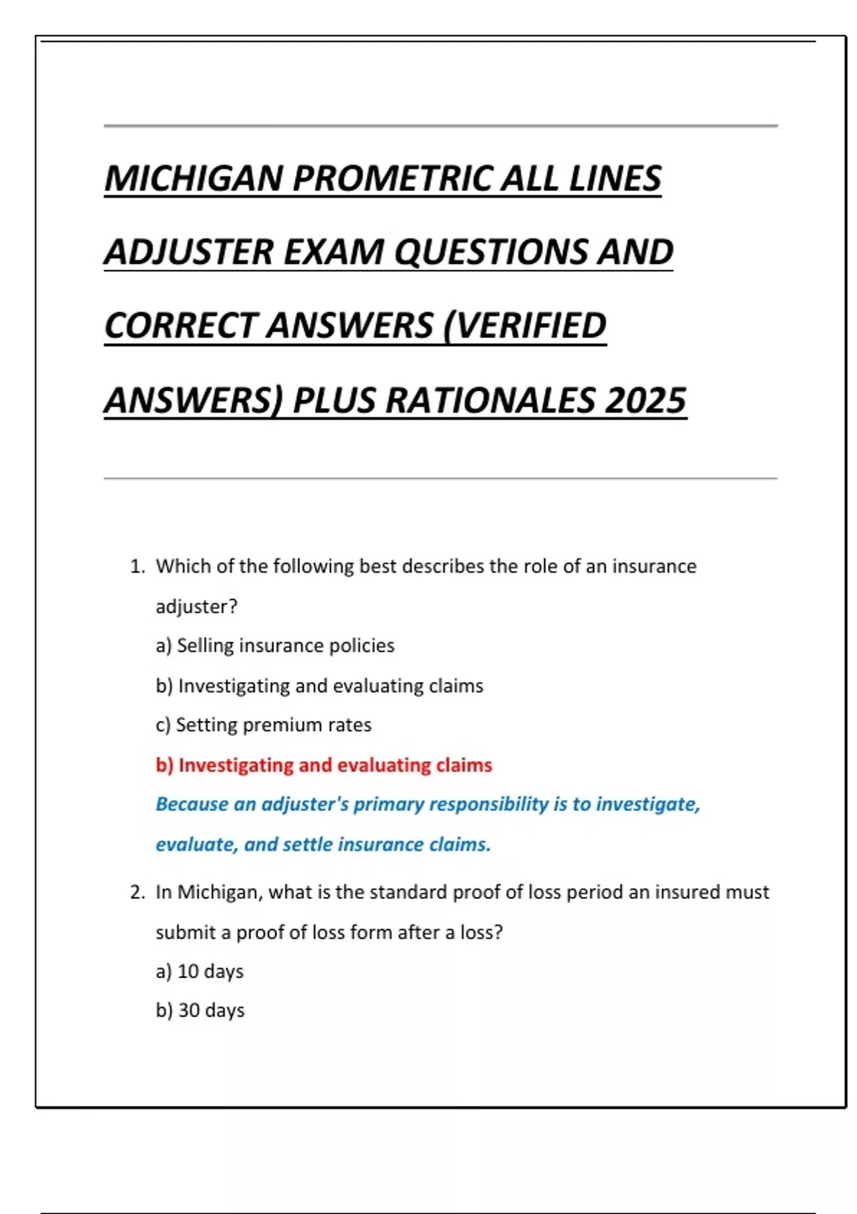 MICHIGAN PROMETRIC ALL LINES ADJUSTER EXAM QUESTIONS AND CORRECT ...