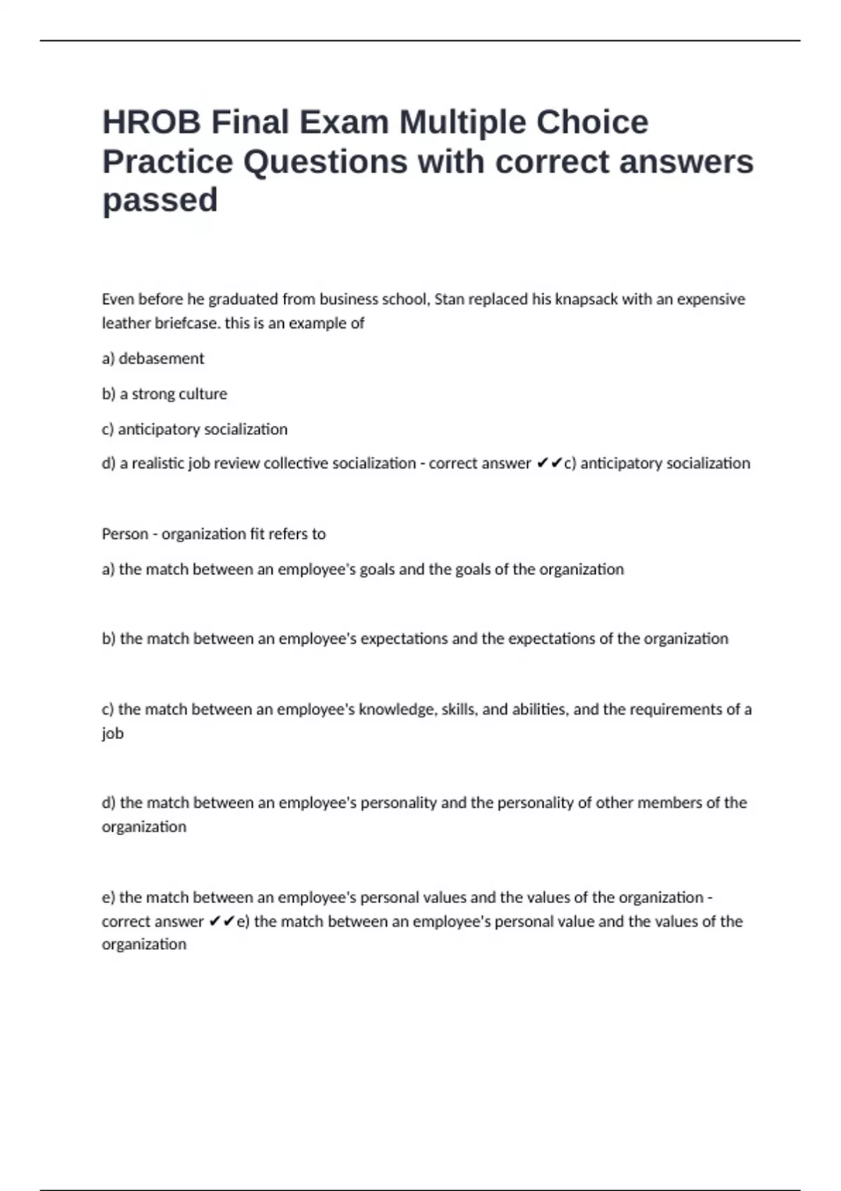 HROB Final Exam Multiple Choice Practice Questions with correct answers passed - HROB - Stuvia US