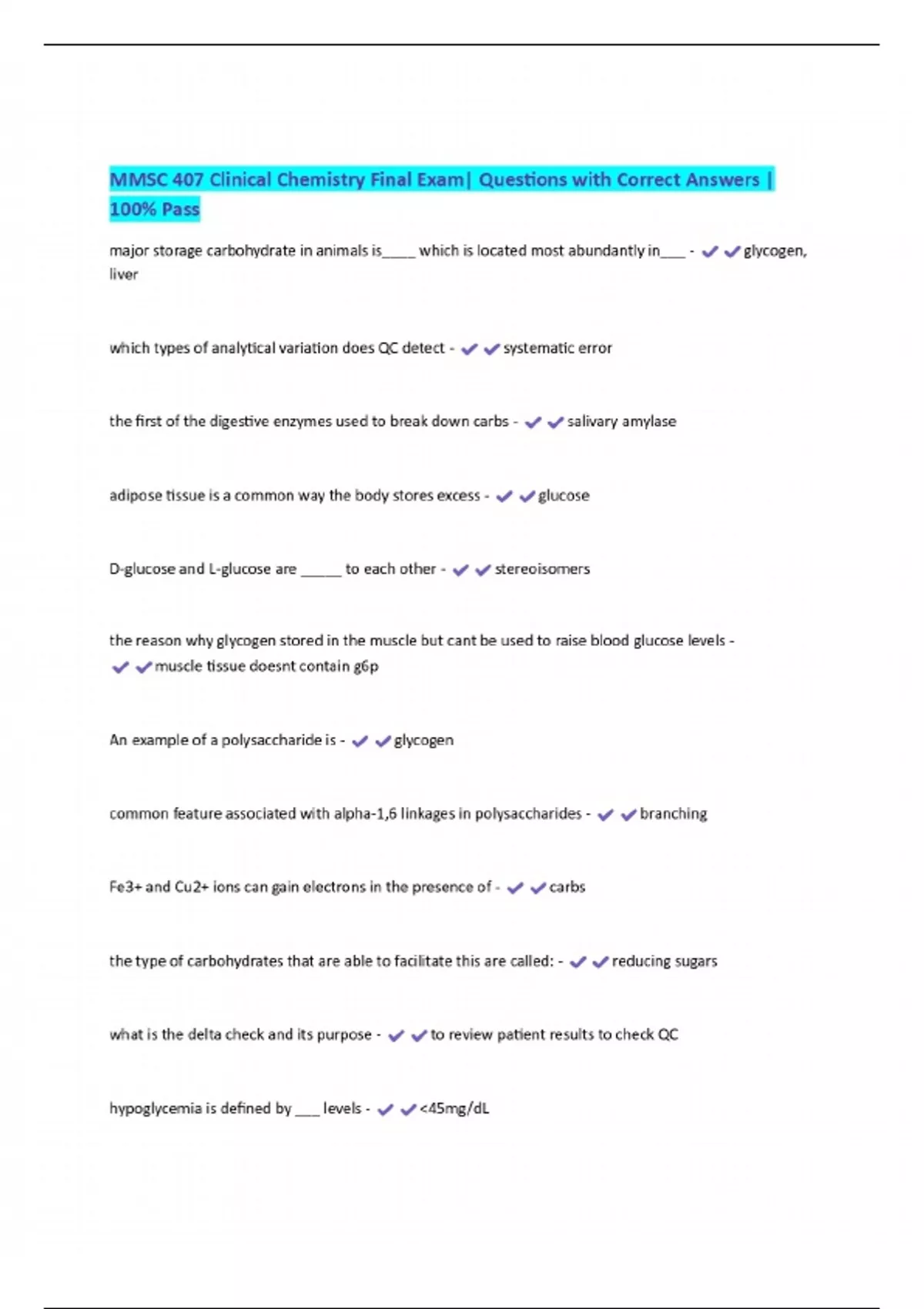 MMSC 407 Clinical Chemistry Final Exam| Questions with Correct Answers ...