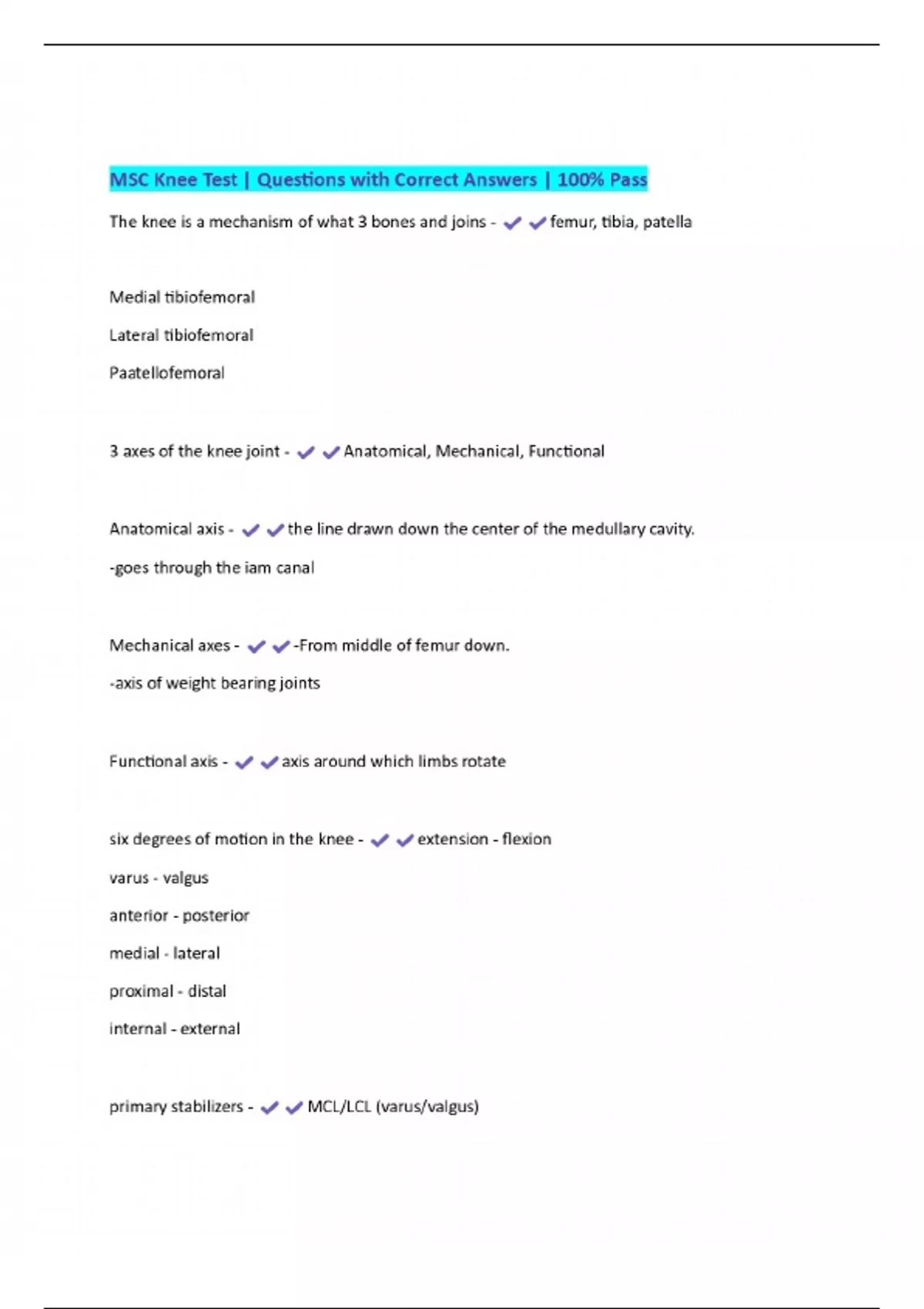 MSC Knee Test | Questions with Correct Answers | 100% Pass - MSC Knee ...
