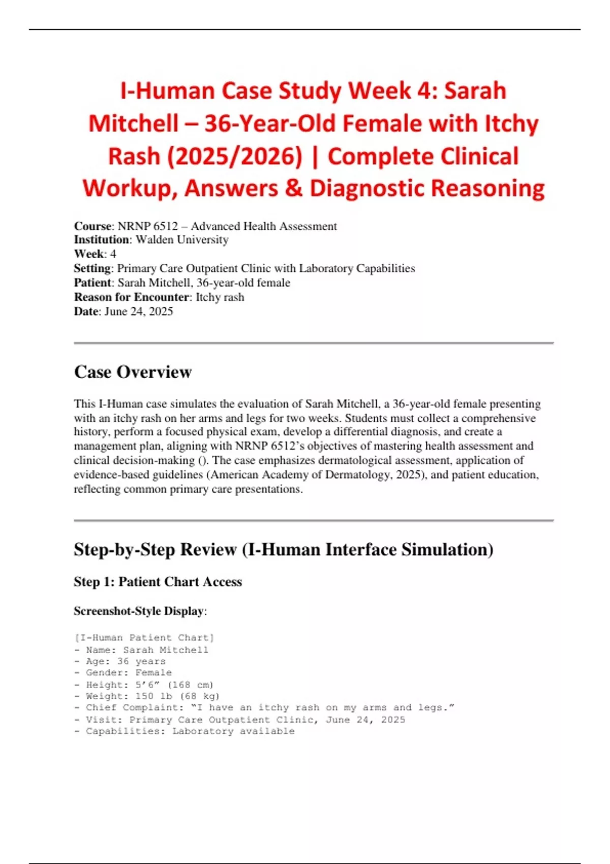 I-Human Case Study Week 4: Sarah Mitchell – 36-Year-Old Female with ...