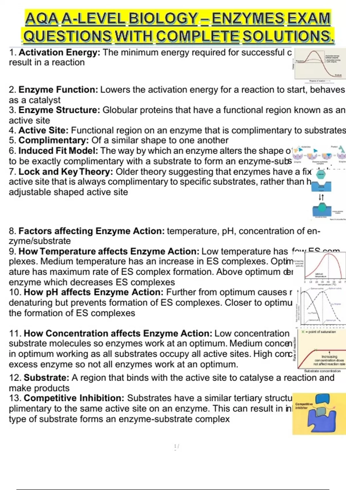 AQA A-LEVEL BIOLOGY – ENZYMES EXAM QUESTIONS WITH COMPLETE SOLUTIONS ...