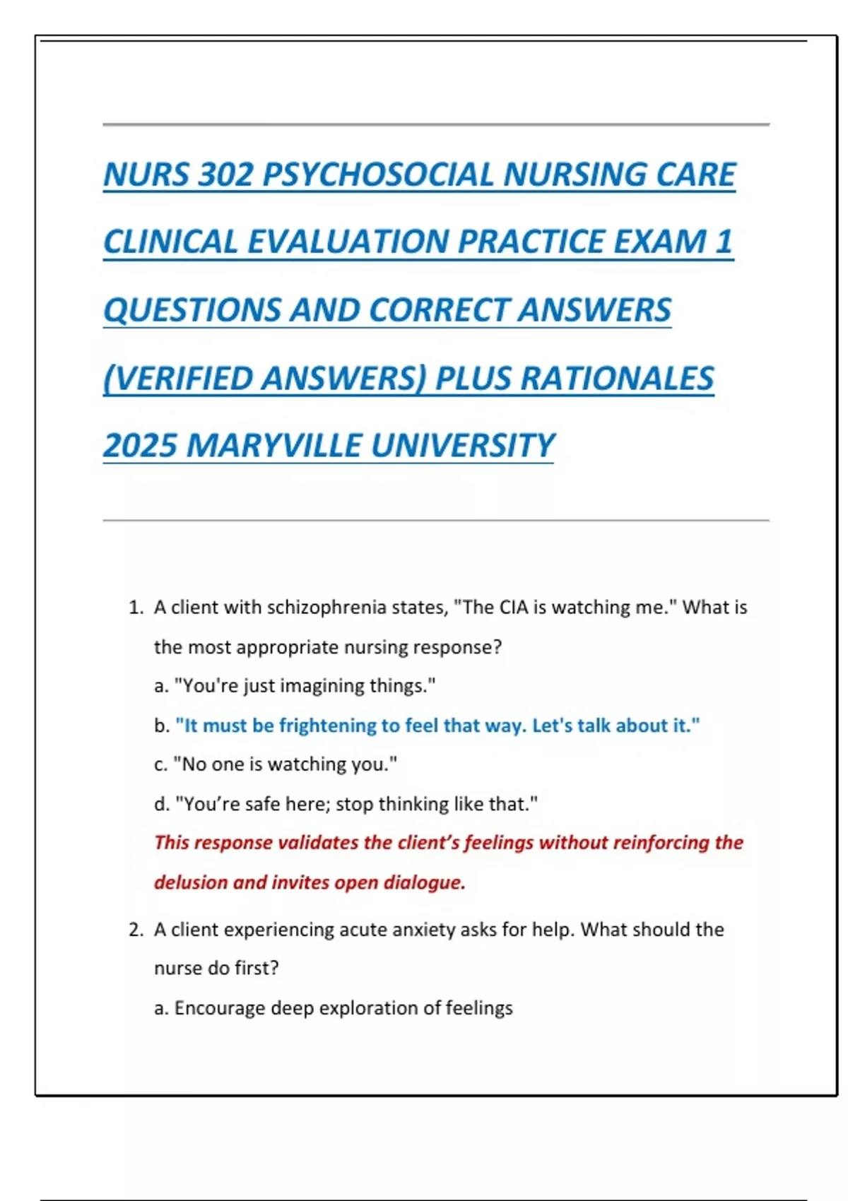 NURS 302 PSYCHOSOCIAL NURSING CARE CLINICAL EVALUATION PRACTICE EXAM 1 ...